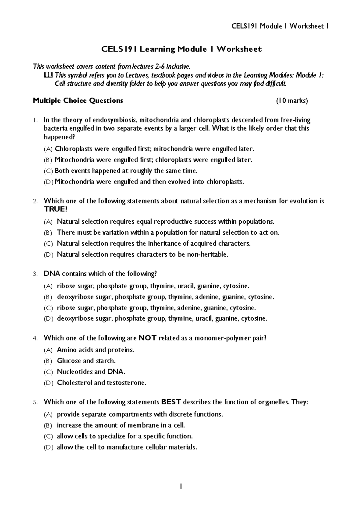 M1WS1 Questions 2023 - CELS191 module 1 worksheet - CELS191 Learning Module 1 Worksheet This ...
