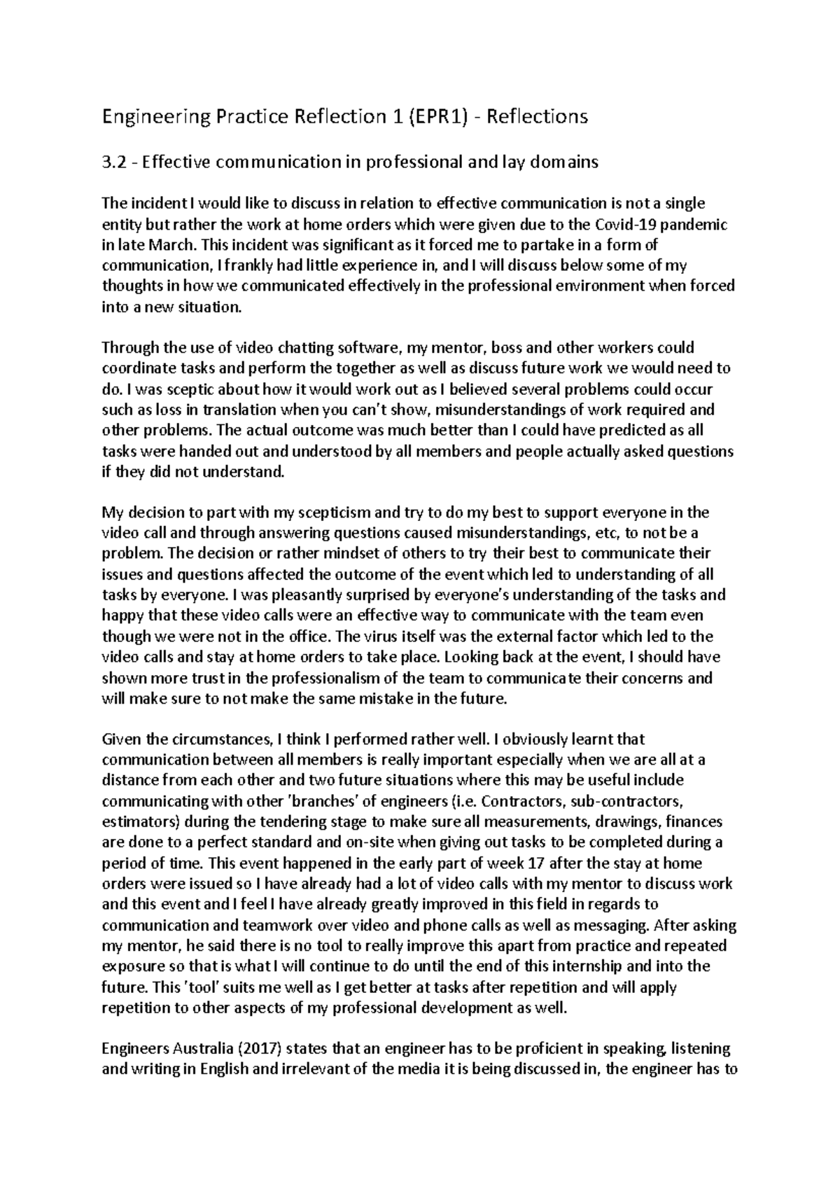 Engineering Practice Reflection 1 - A2 Reflections - Warning: TT ...