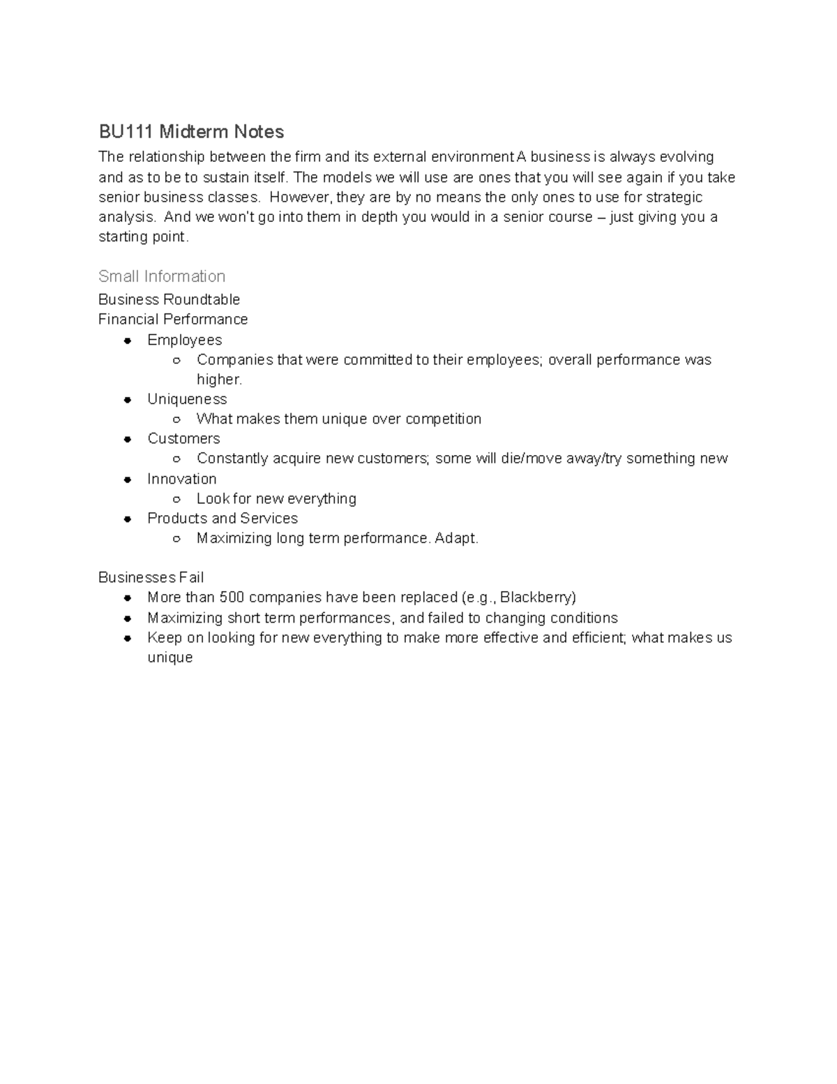 Midterm 1 Notes - BU111 Midterm Notes The relationship between the firm ...