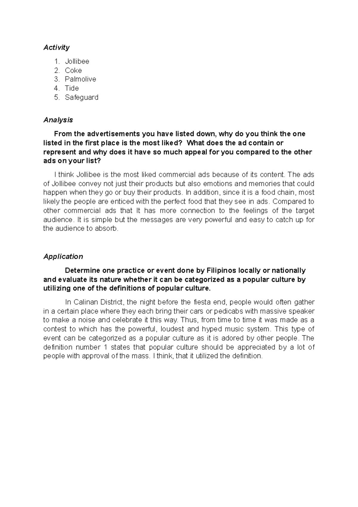 Popular Pop Culture Assignment 1 - Activity Jollibee Coke Palmolive ...