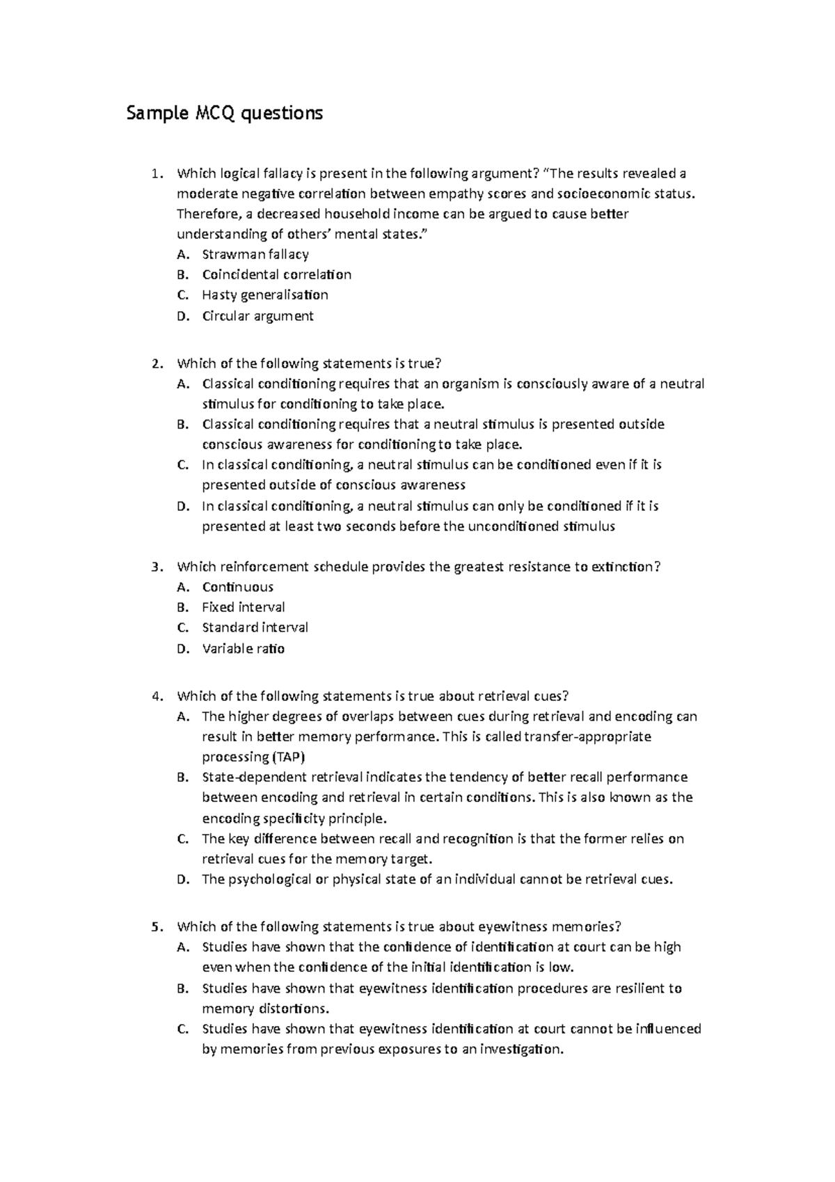 5BBA2040 2022 23 Sample MCQs - Sample MCQ questions Which logical ...