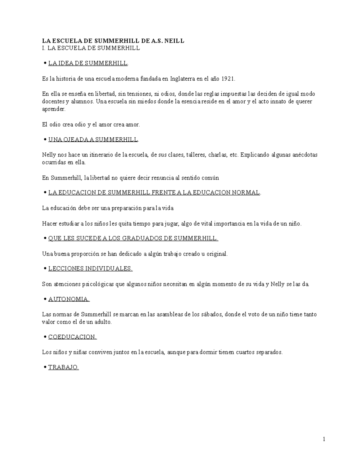 Summerhill - Resumen - 1 LA ESCUELA DE SUMMERHILL DE A. NEILL I. LA ...