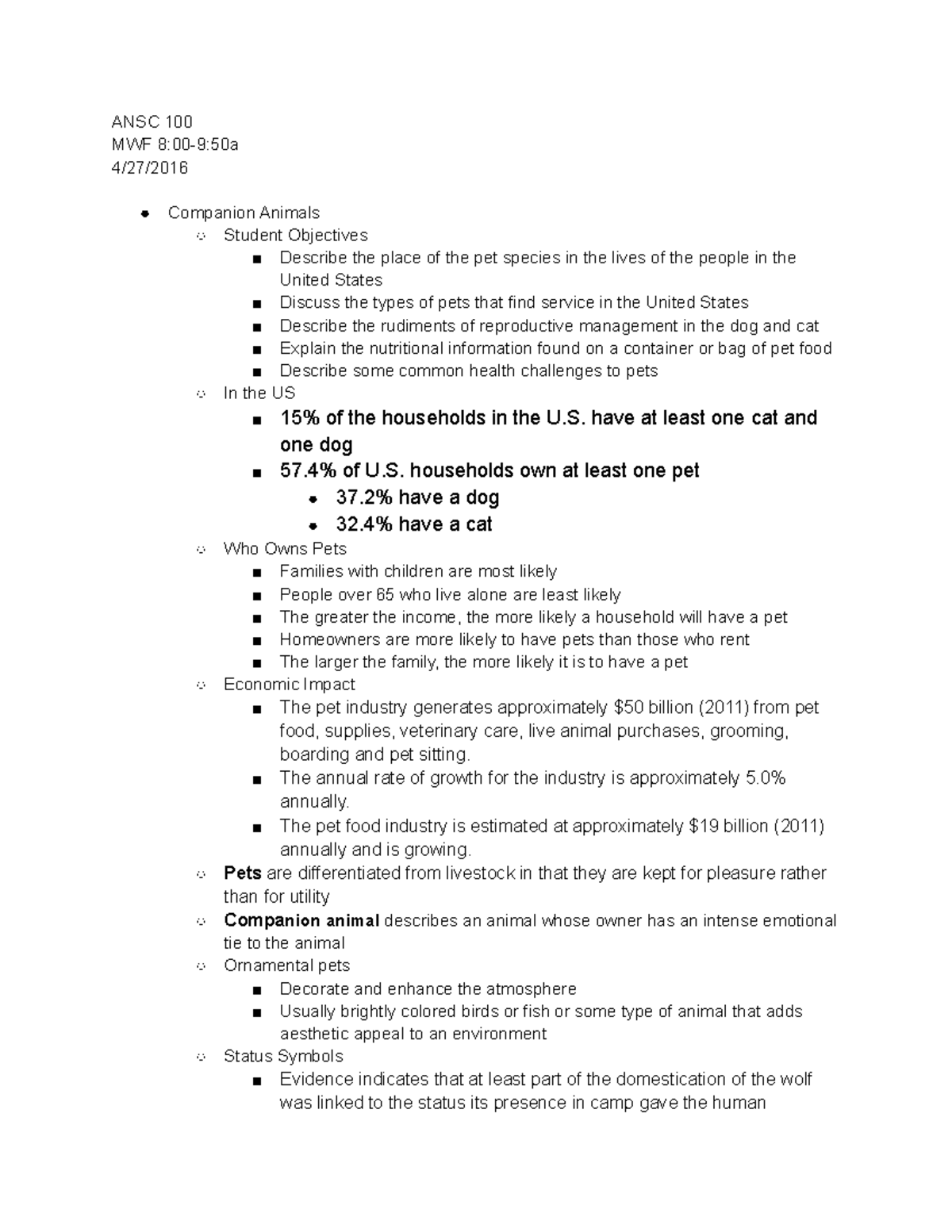 ANSC100_Lecture34 - ANSC 100 MWF 8:00-9:50a 4/27/2016 Companion Animals ...