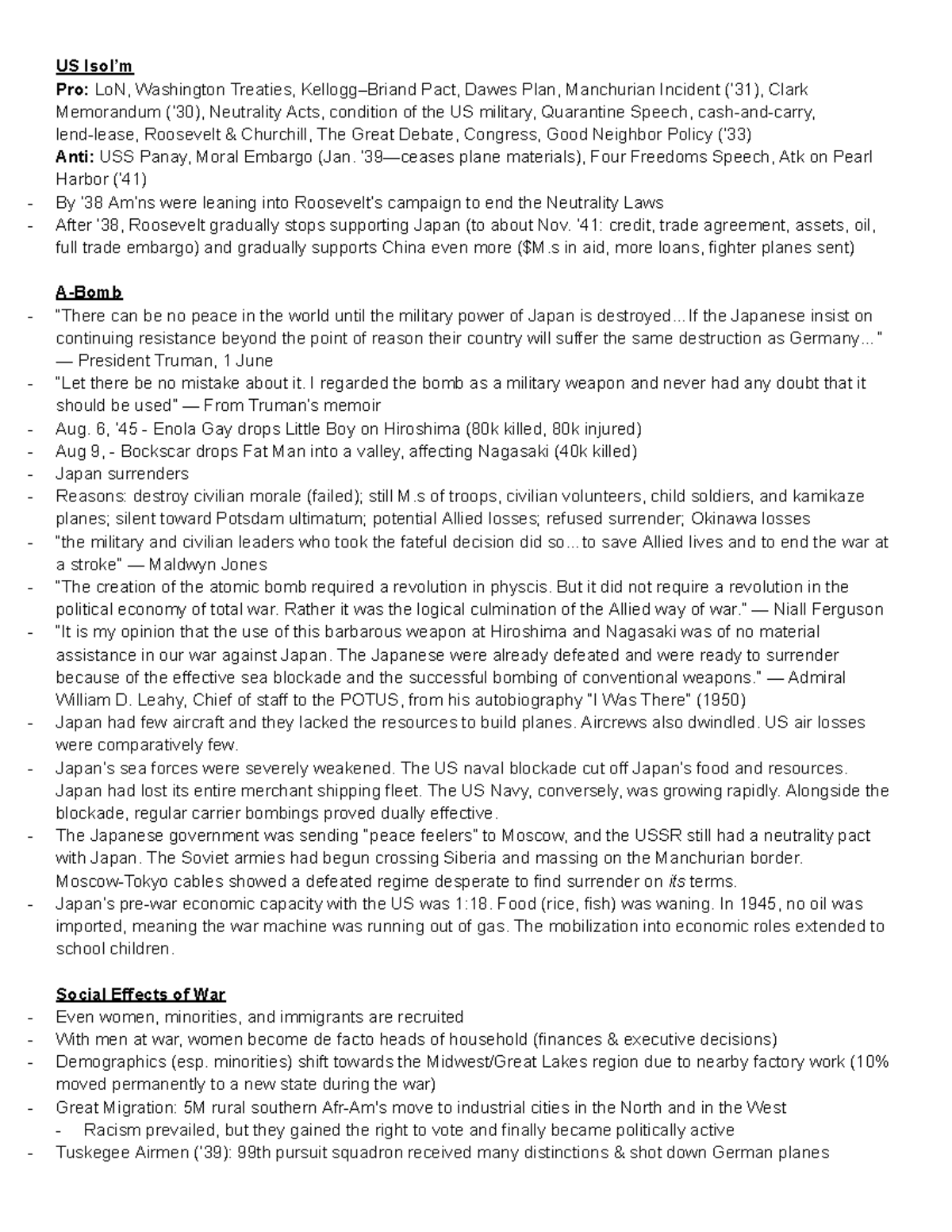 WWII Notes - Brief overview of US isolationism, the A-bomb, and the ...