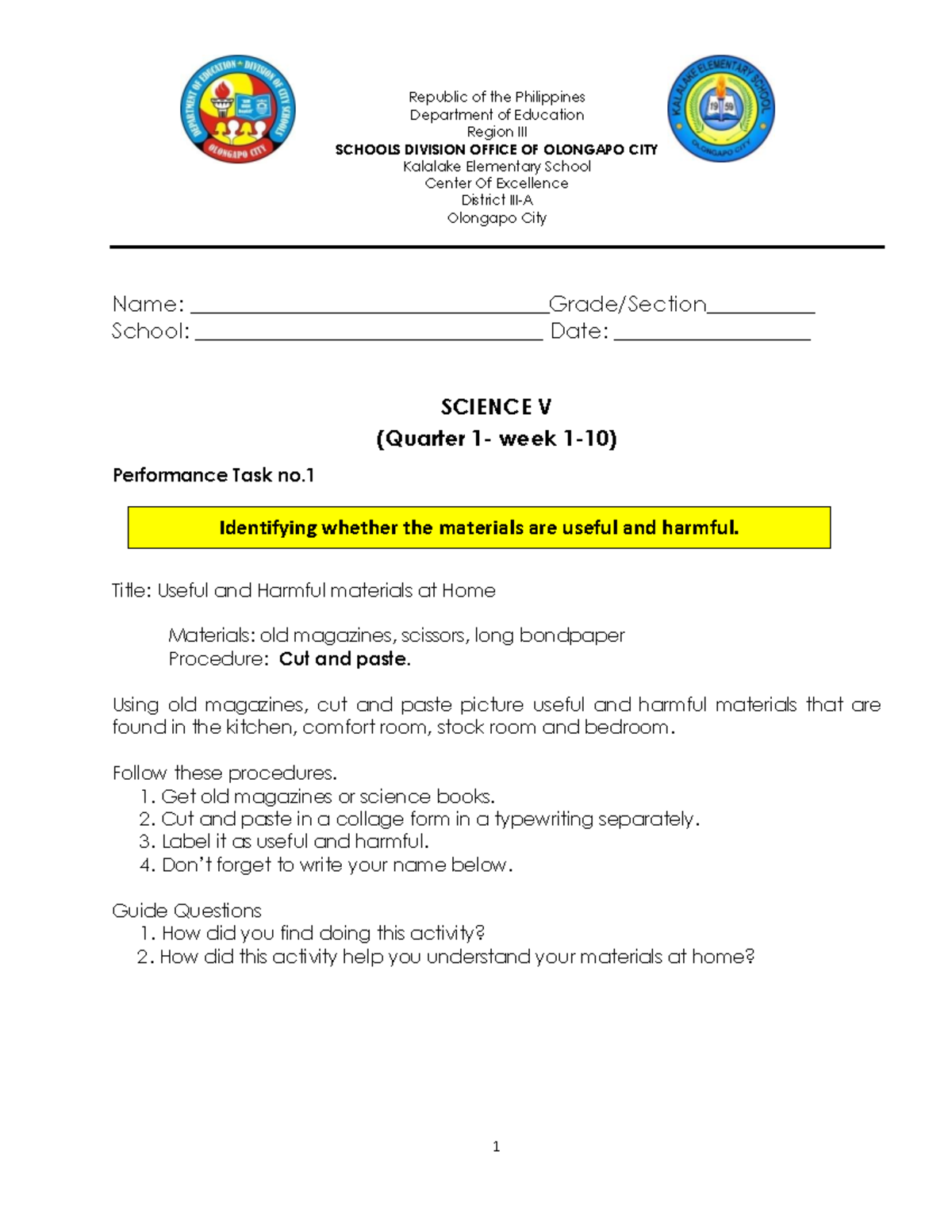 Q1 Science 5 Performance TASK 1 3 - 1 Republic of the Philippines ...