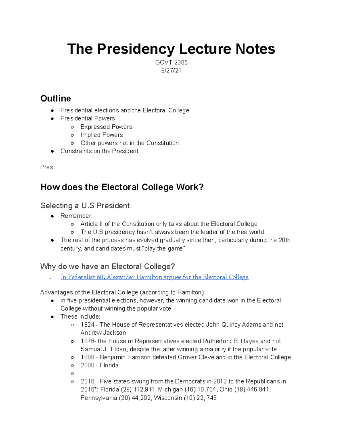 The Presidency Lecture Notes - Hayes and not Samual J. Tilden, despite ...