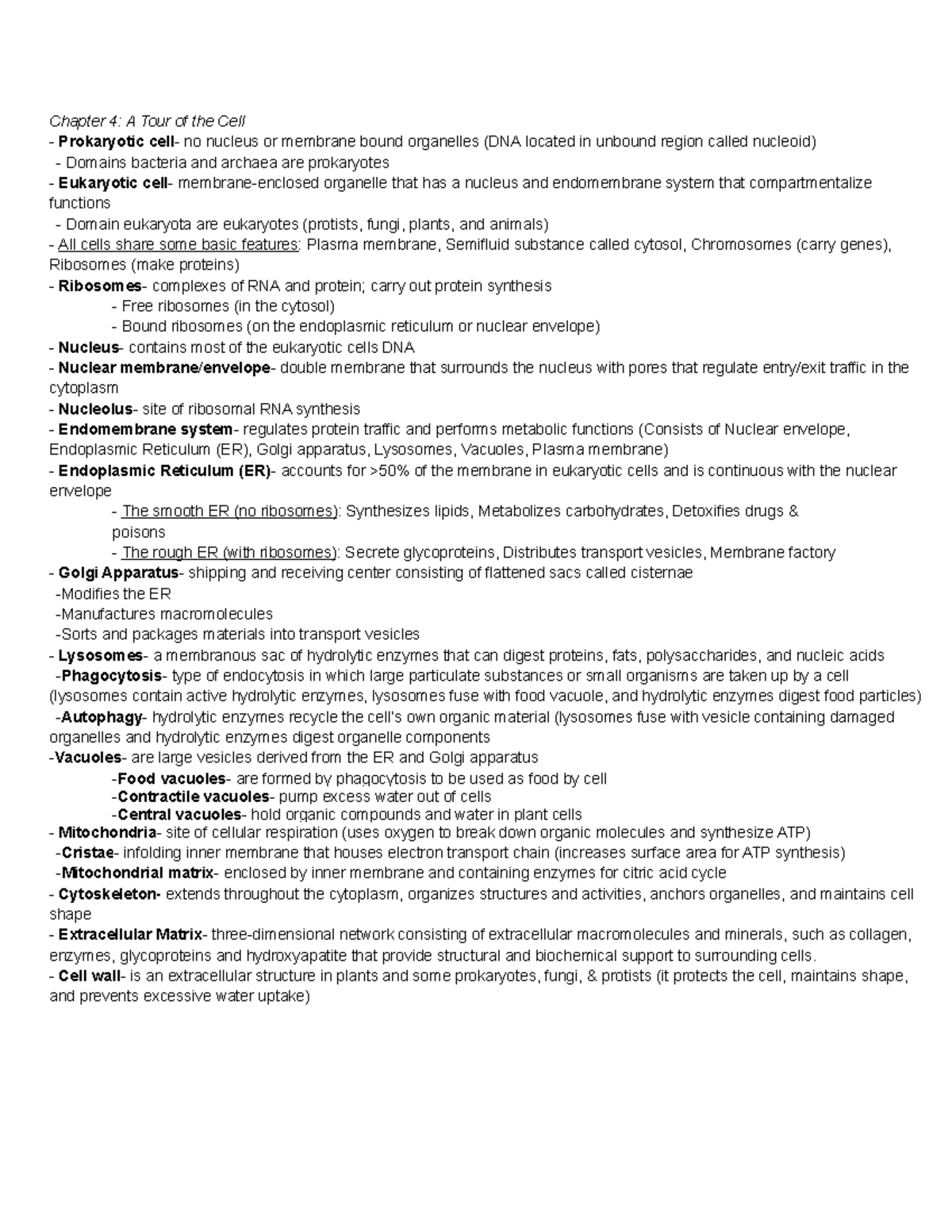 BIO Exam 2 study Summary - Chapter 4: A Tour of the Cell Prokaryotic ...