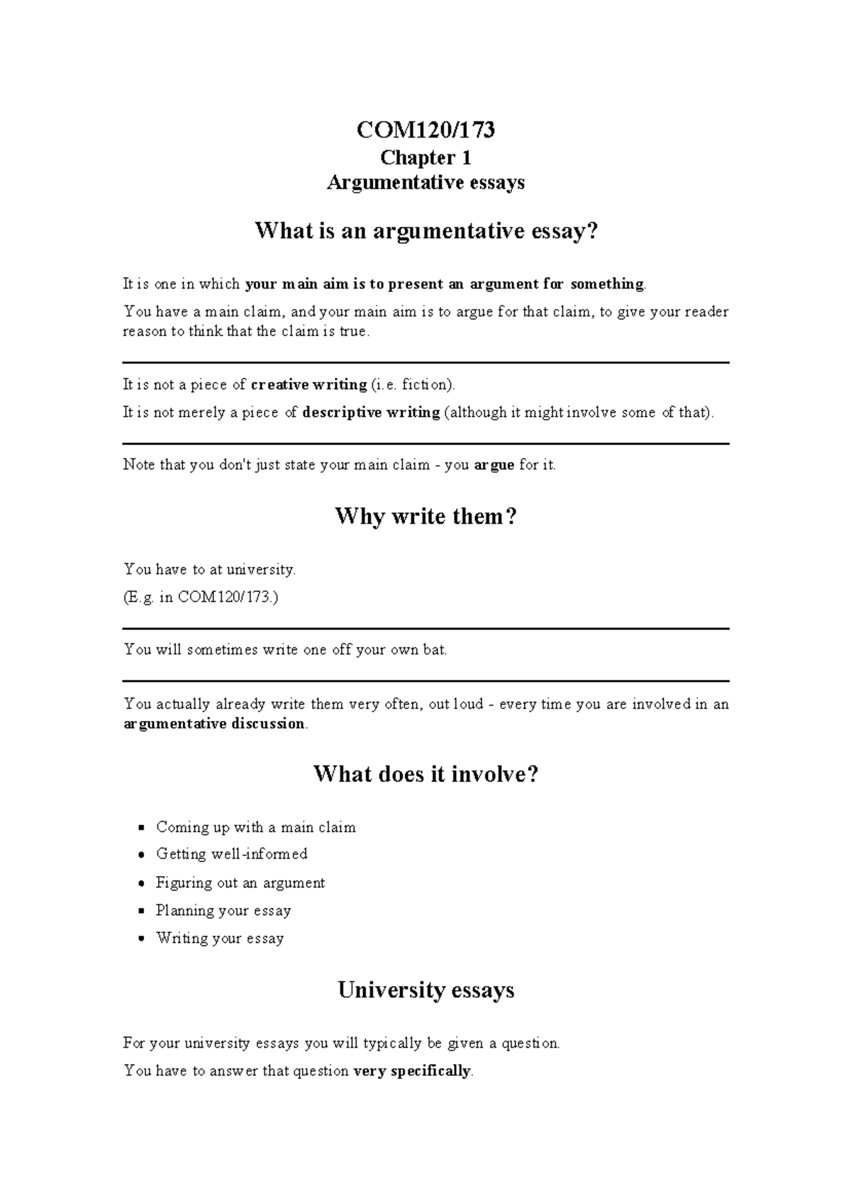 Chapter 1 Notes - COM120/ Chapter 1 Argumentative essays What is an ...