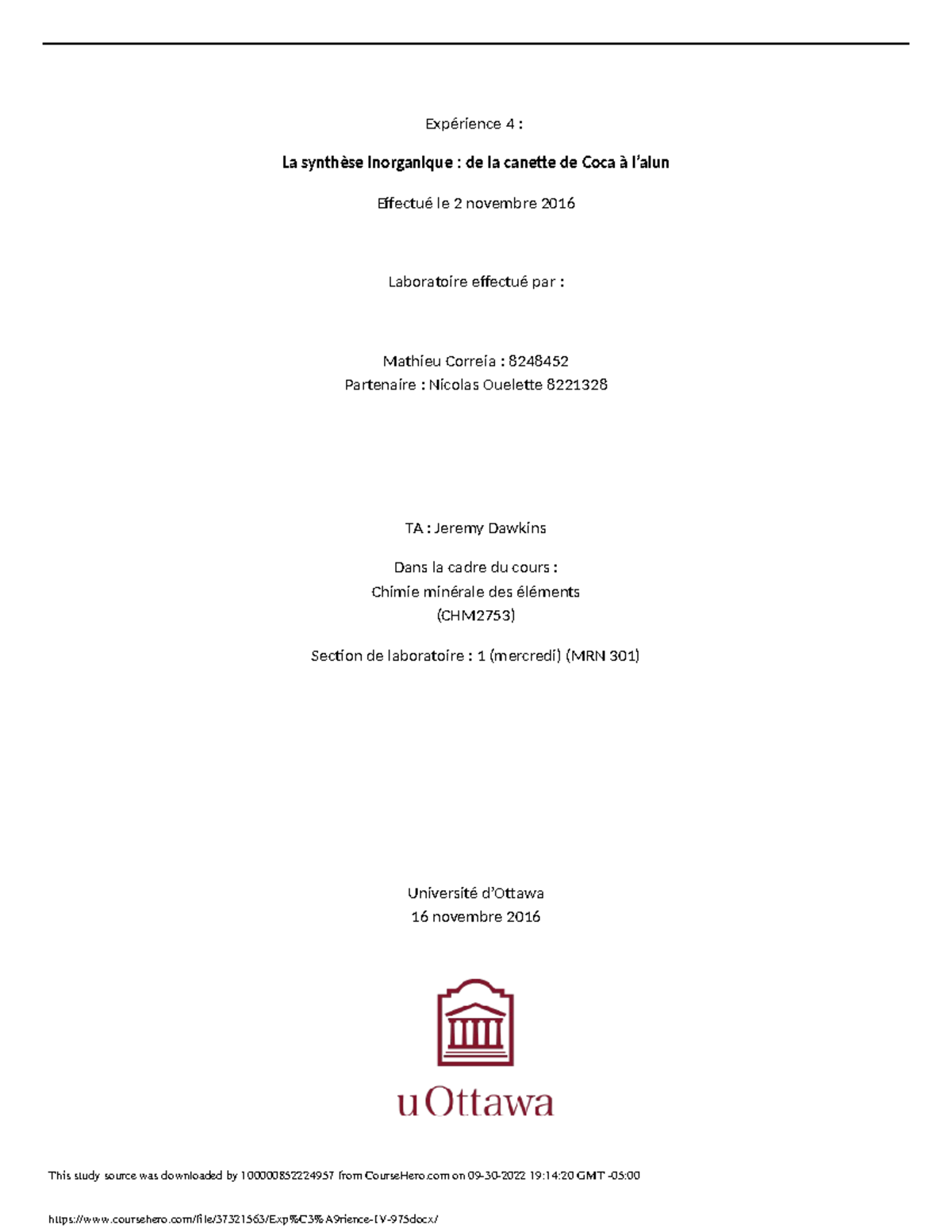 Exp rience IV 97.5 .docx - Expérience 4 : La synthèse inorganique : de la canette de Coca à l ...