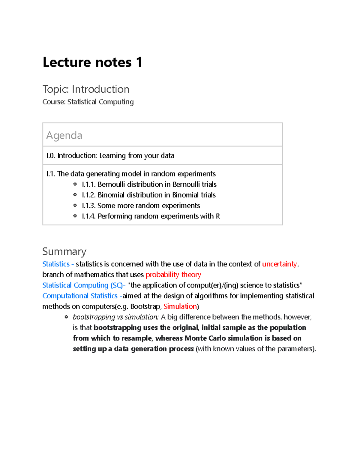 Lecture notes 1 - Bootstrap, Simulation) bootstrapping vs simulation: A ...