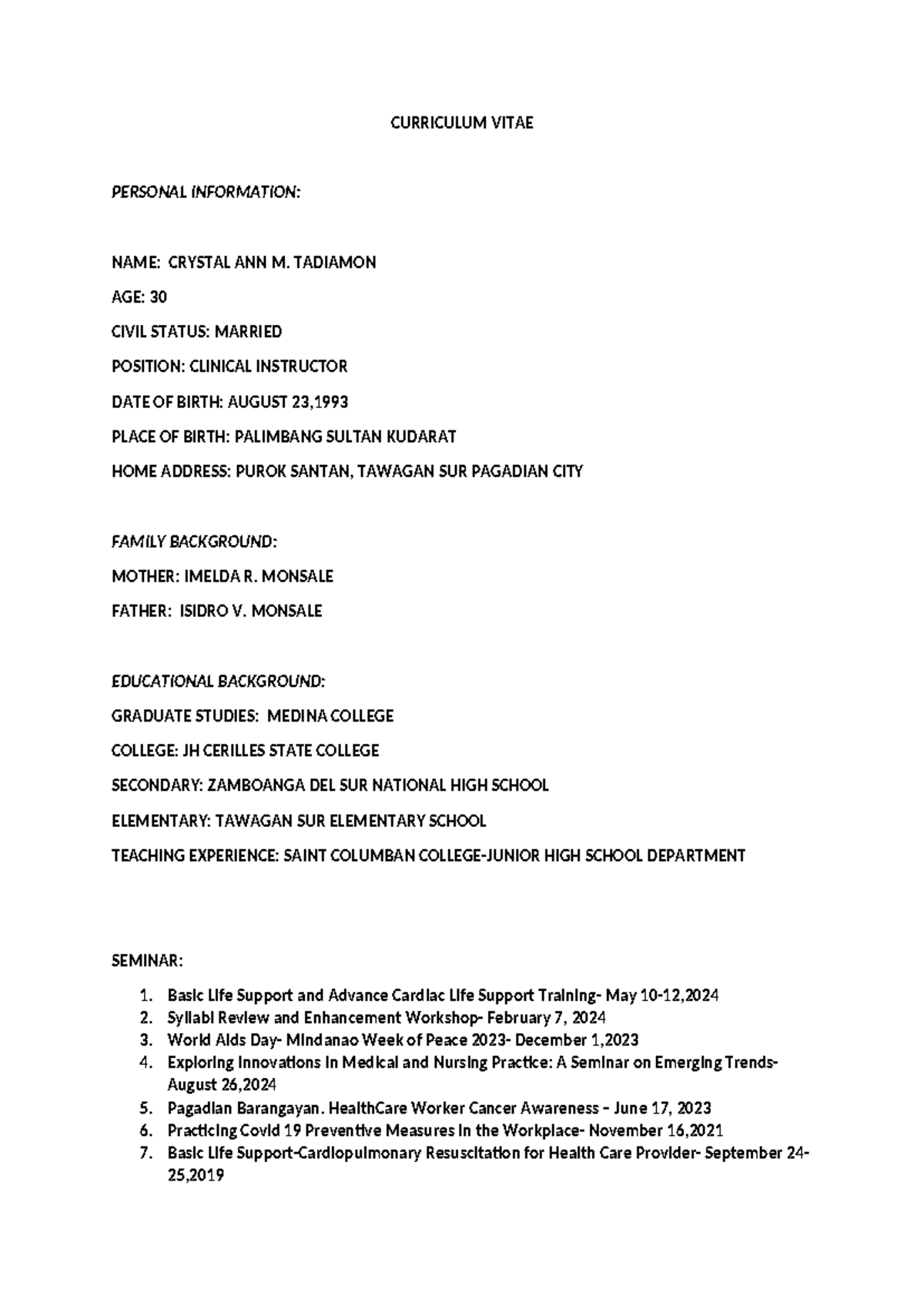 Tadiamon CV Acknowledgement Dedication - CURRICULUM VITAE PERSONAL ...