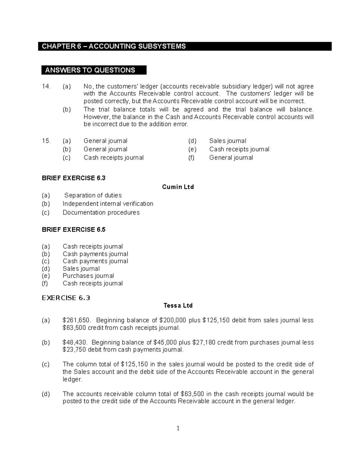 Sample/practice exam, answers chapter 6 – accounting subsystems ...