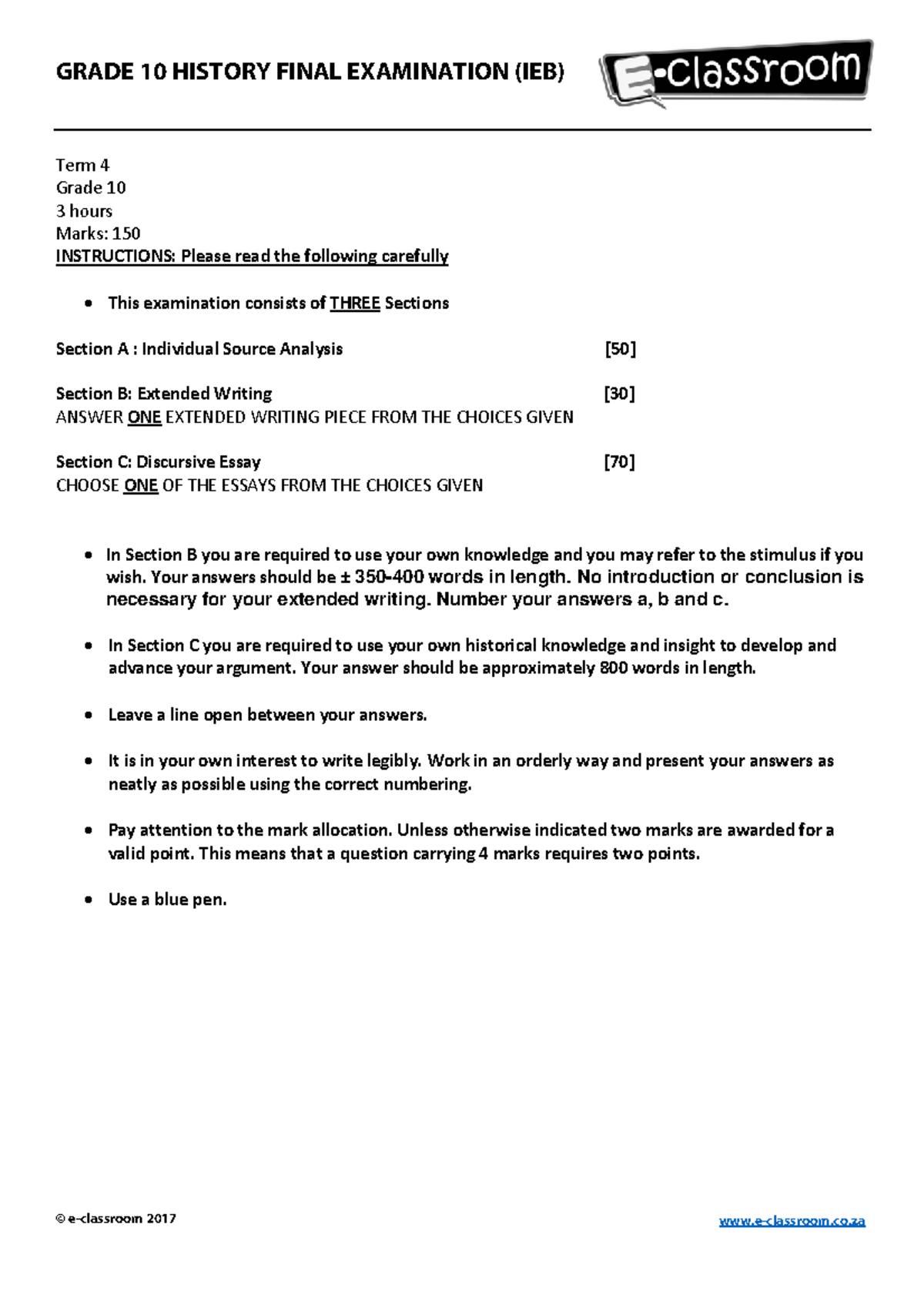 Enggr 10t4 ss hist final examination - Term 4 Grade 10 3 hours Marks ...