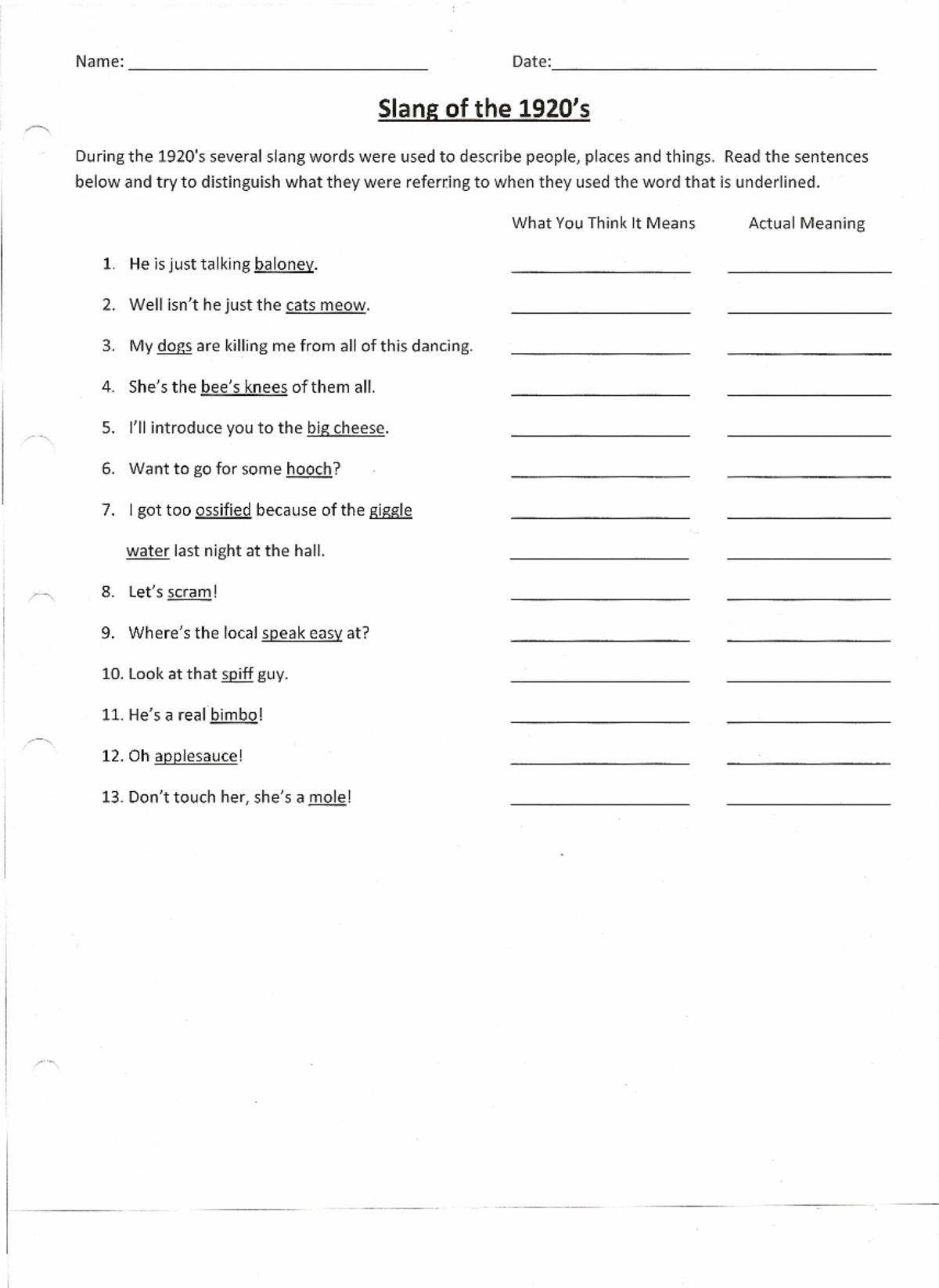 9-Slang of 1920s - Sentences - Name: - Date: _ Slang of the 1920's ...