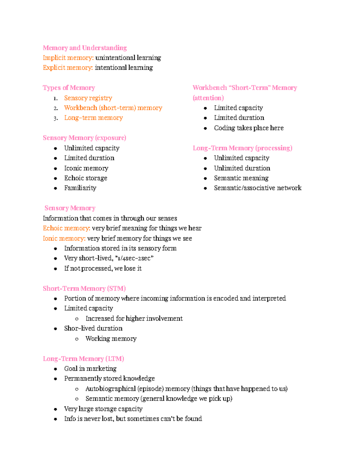 MKTG 330 Exam 2 - Exam 2 - Memory and Understanding Implicit memory ...
