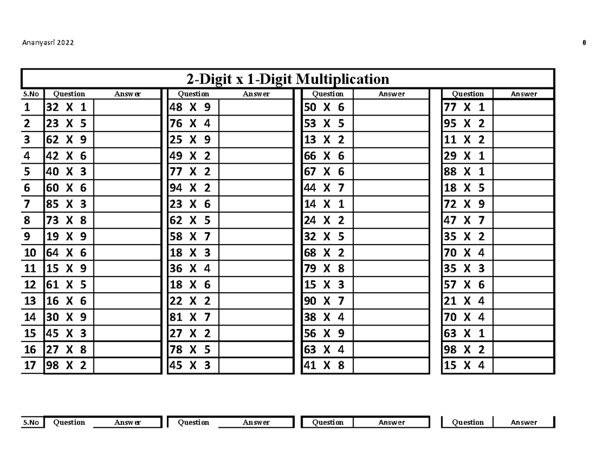 2 digit x 1 digit - S Answer Answer Answer Answer S Answer Answer ...