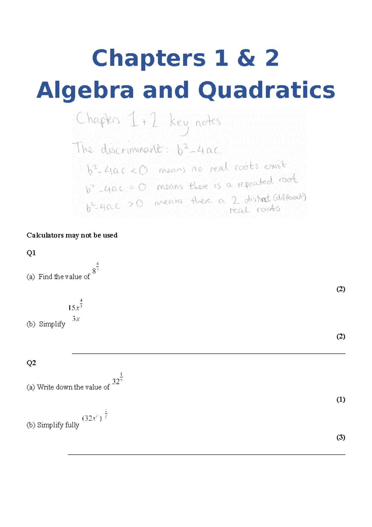 Summer homework AS recap - Chapters 1 & 2 Algebra and Quadratics ...