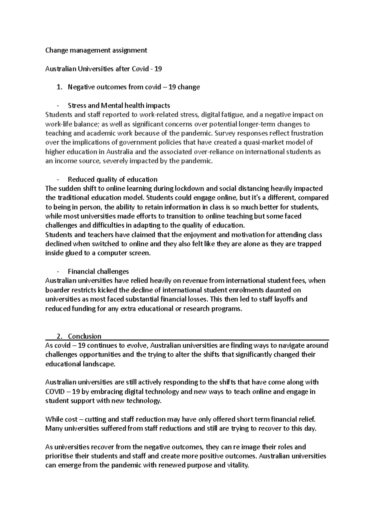 Change management assignment - Change management assignment Australian Universities after Covid ...