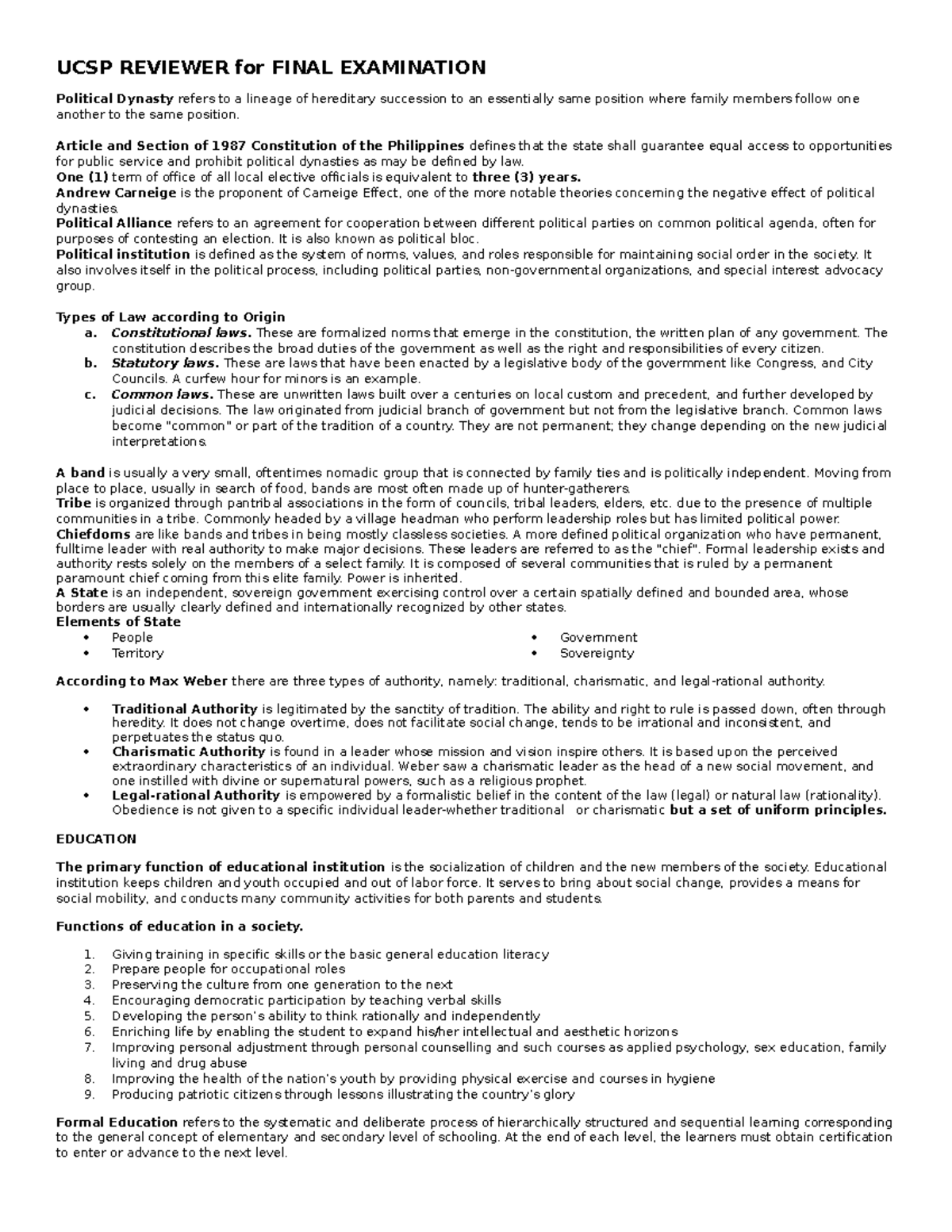 UCSP SUBJECT FILE - UCSP REVIEWER for FINAL EXAMINATION Political ...