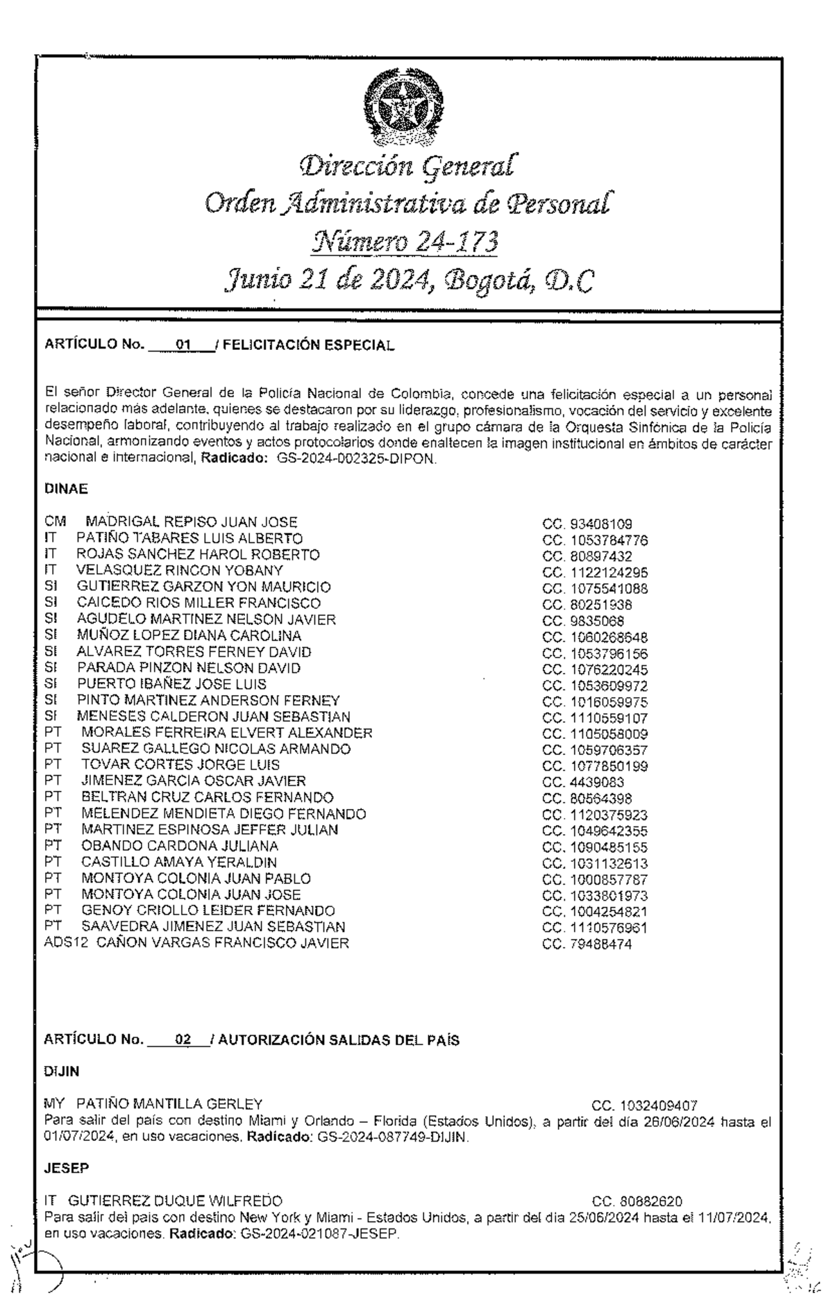 OAP 24-173 - toama - Dirección General Orden Administrativa de Personal ...