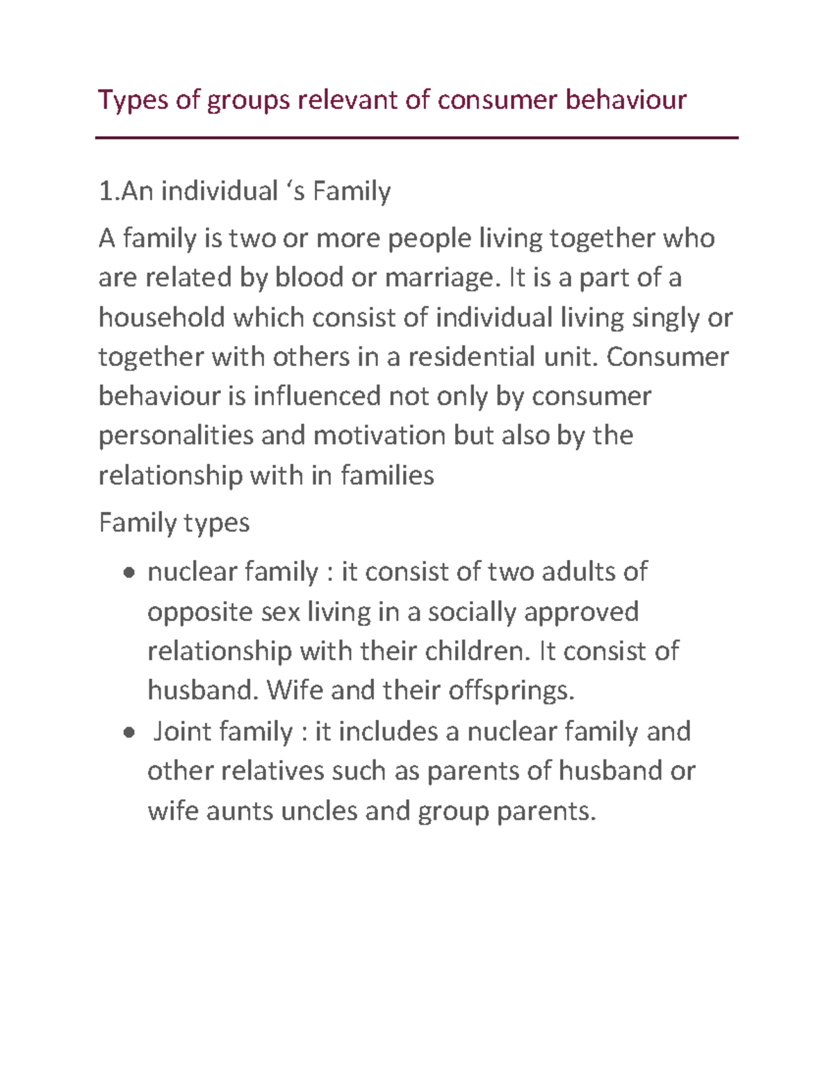 Document - summary of consumer behaviour - Types of groups relevant of ...