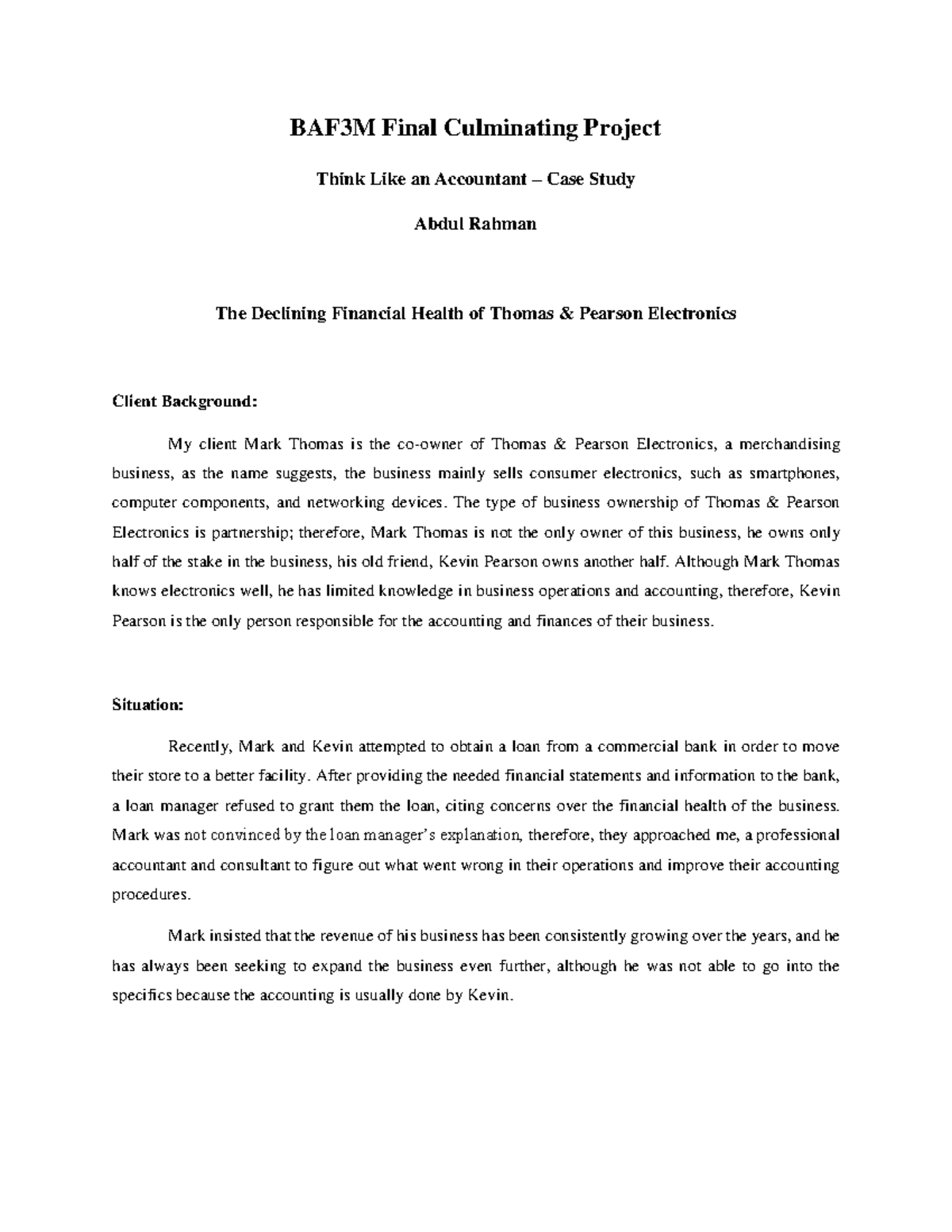 BAF3M Case Study - Accounting - BAF3M Final Culminating Project Think ...