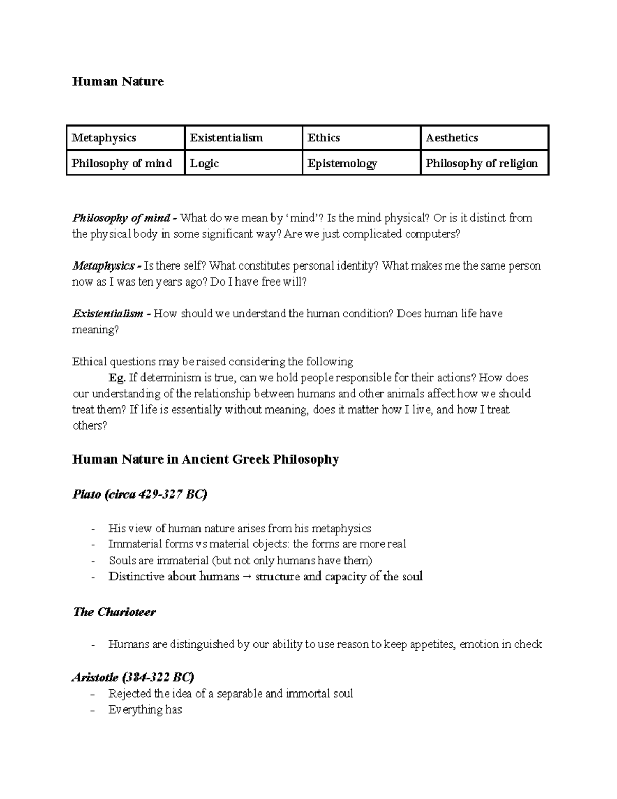 Humanities & Nature Notes Summary - Human Nature Metaphysics ...