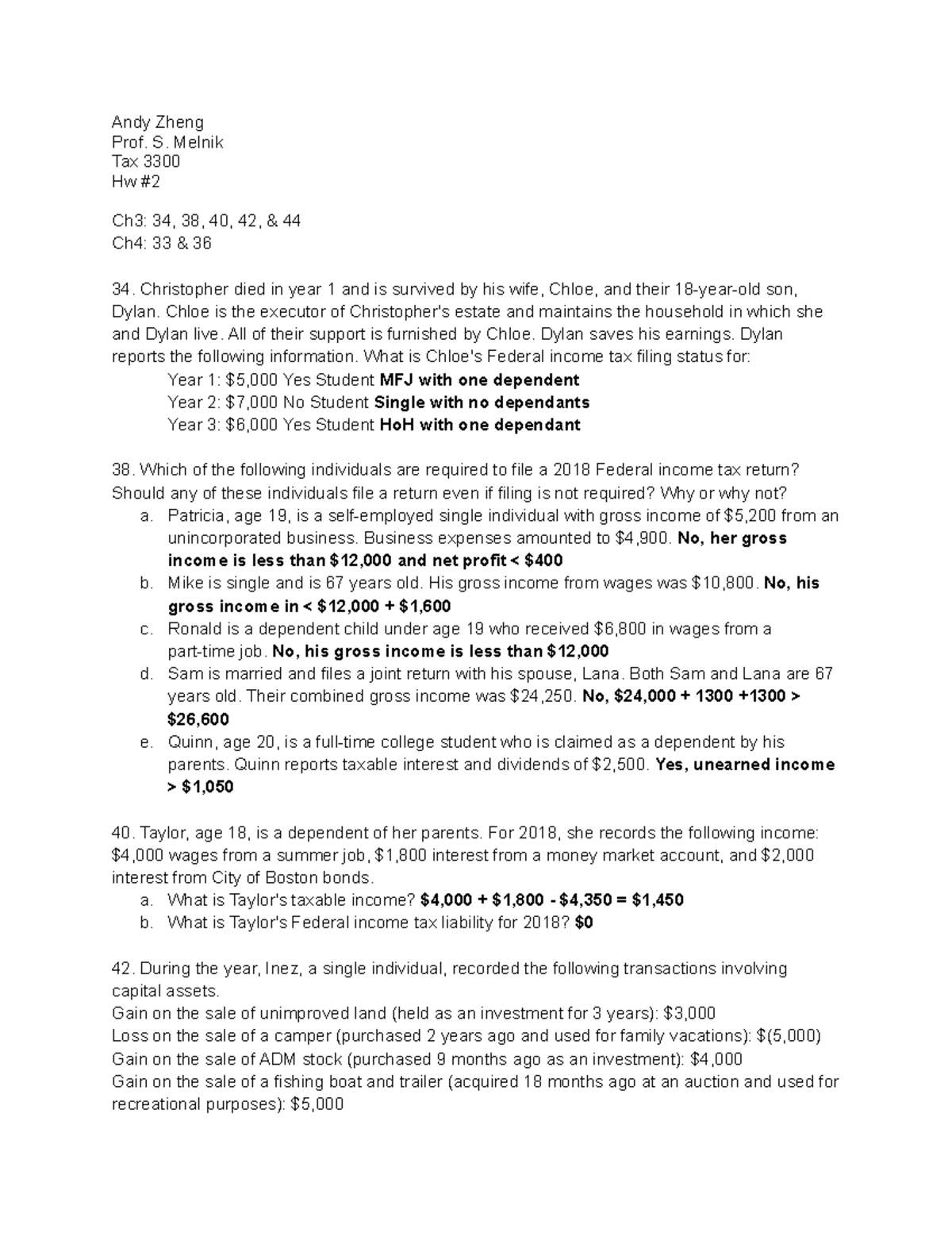 Taxation HW 2 - homework - Andy Zheng Prof. S. Melnik Tax 3300 Hw # Ch3 ...