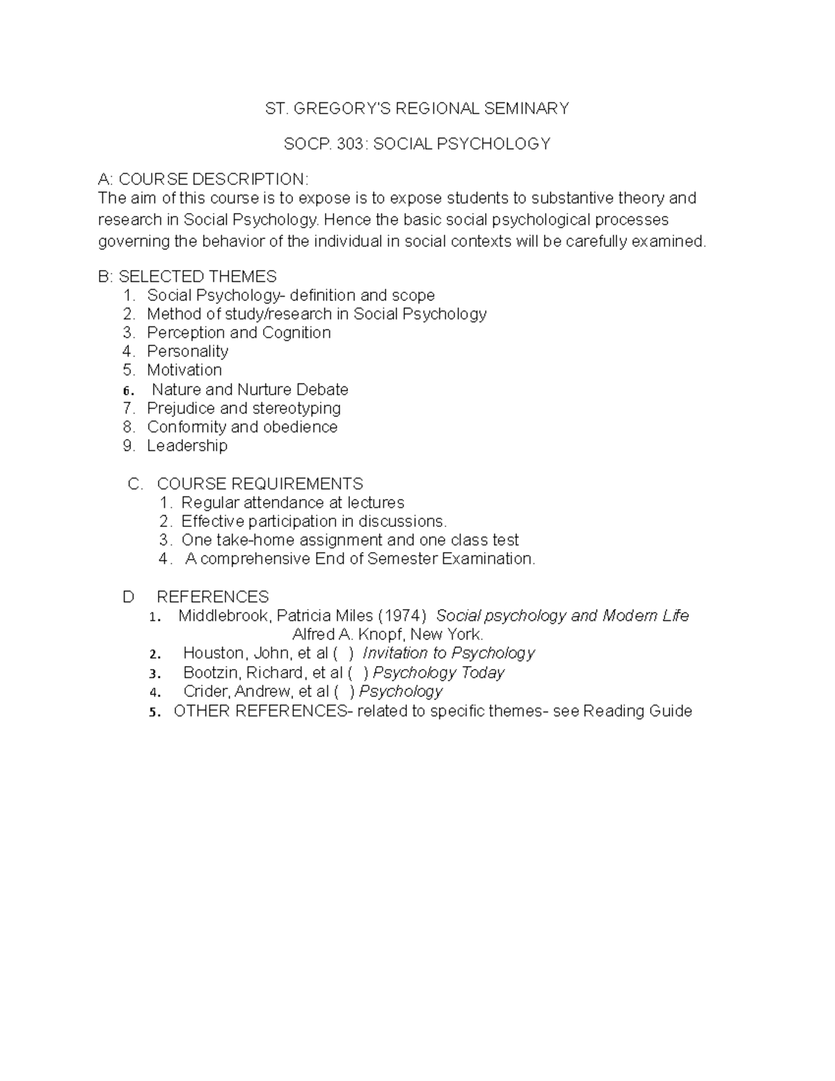 SOCP 303 Social Psychology - ST. GREGORY’S REGIONAL SEMINARY SOCP. 303 ...