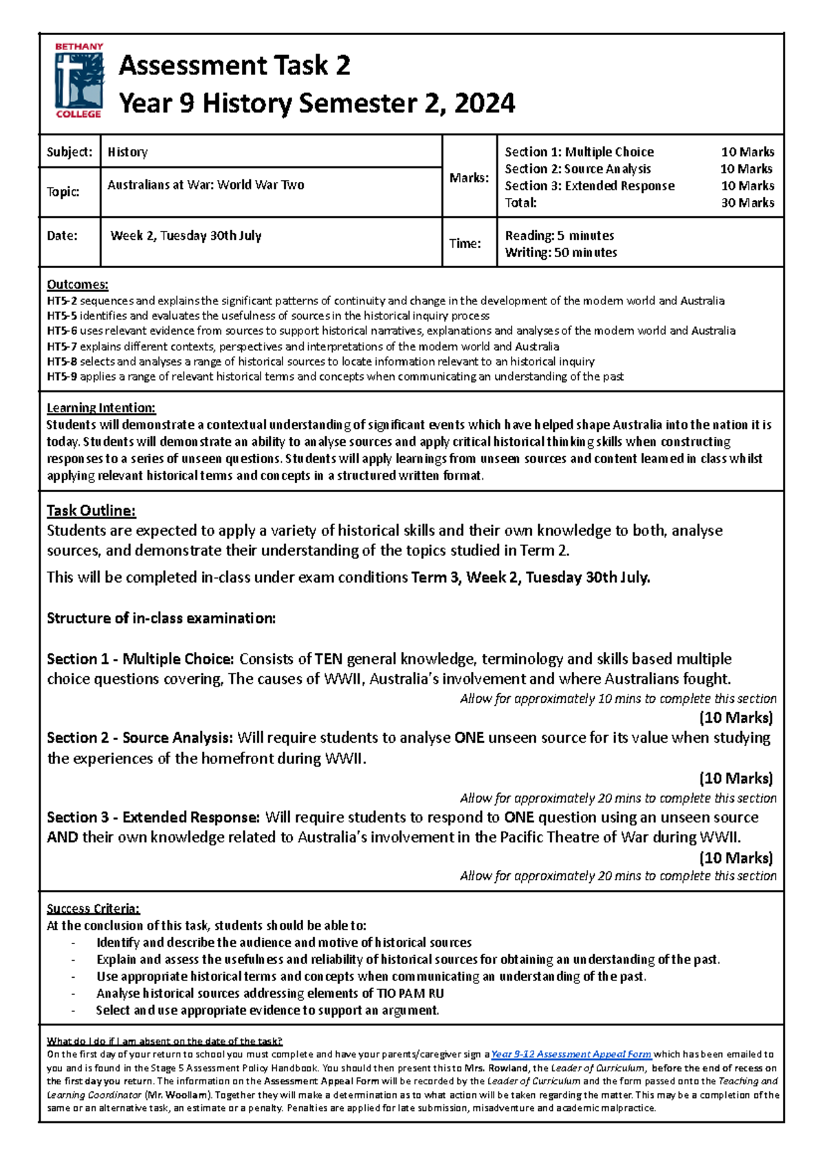 2024 Year 9 Assessment Task #2 - Notification - Assessment Task 2 Year ...