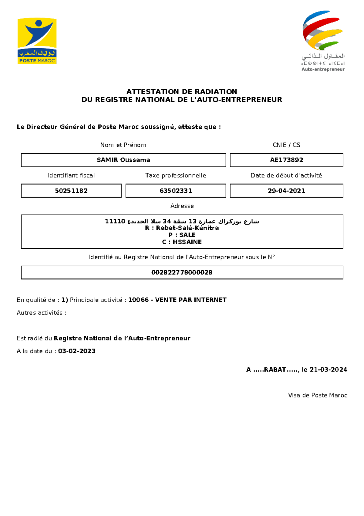 Attestation Radiation RAD-AE-210331-927910- Sdtef =171417 - ATTESTATION ...