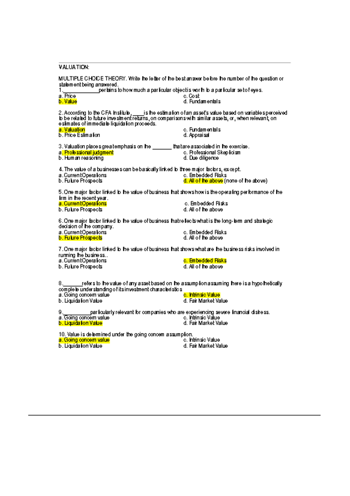 Valuation and cost methods in Accounting - VALUATION: MULTIPLE CHOICE THEORY. Write the letter ...