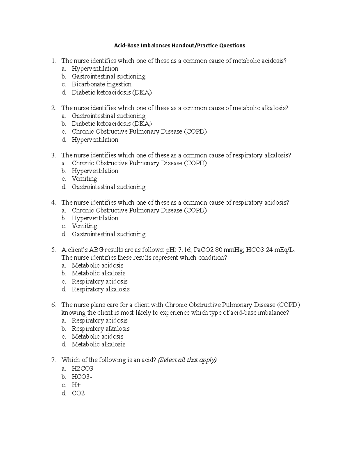 Acid-Base Imbalances Handout - Acid-Base Imbalances Handout/Practice ...