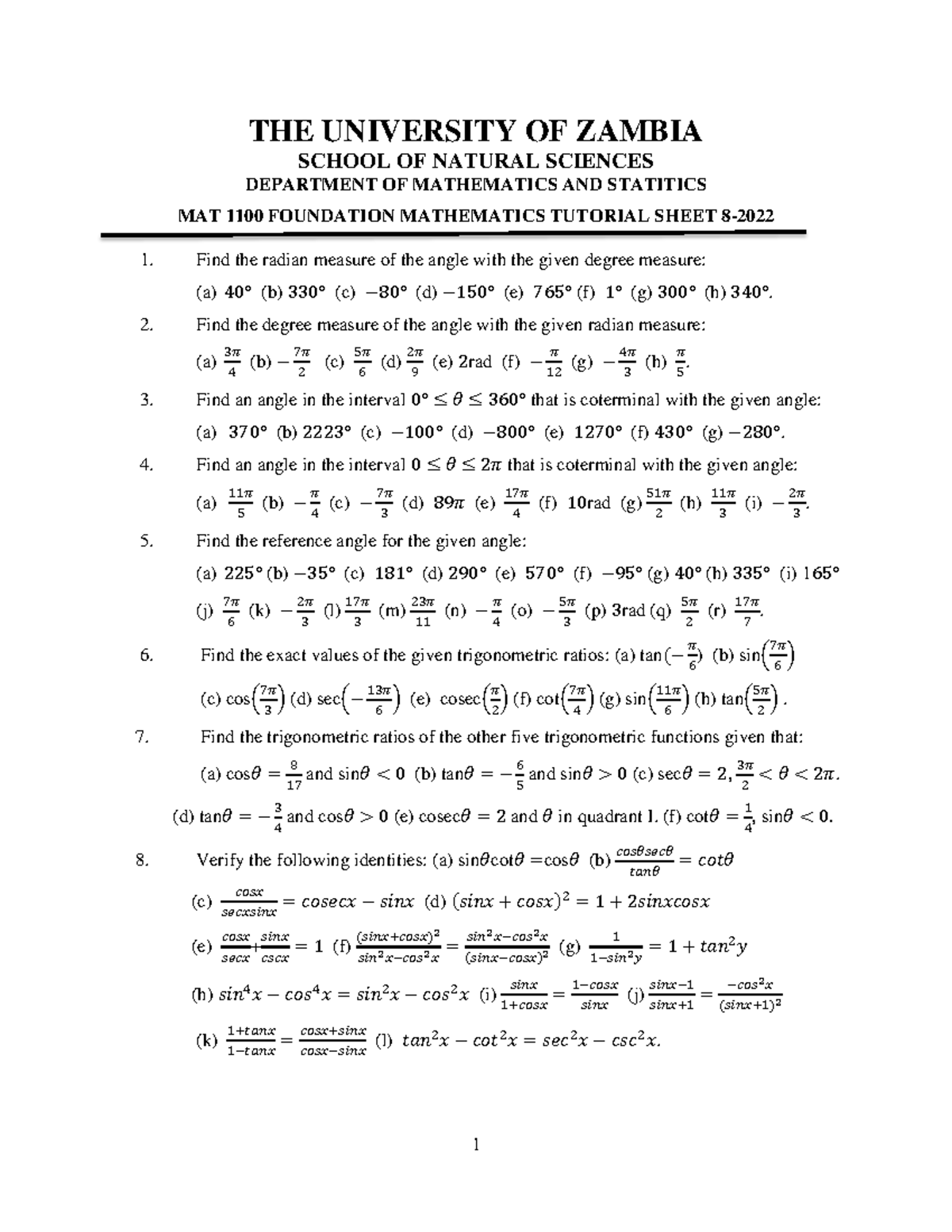 MAT 1100 Tutorial sheet 8-2022 - 1 THE UNIVERSITY OF ZAMBIA SCHOOL OF NATURAL SCIENCES ...