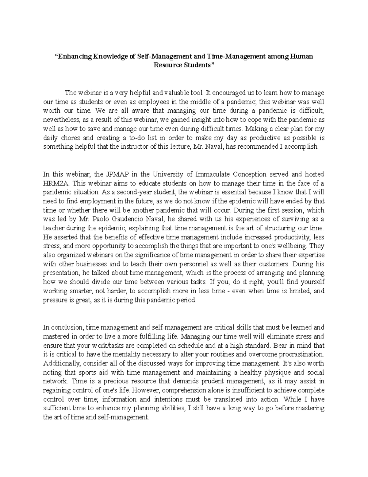 Reflection Paper - as Assaf - “Enhancing Knowledge of Self-Management ...