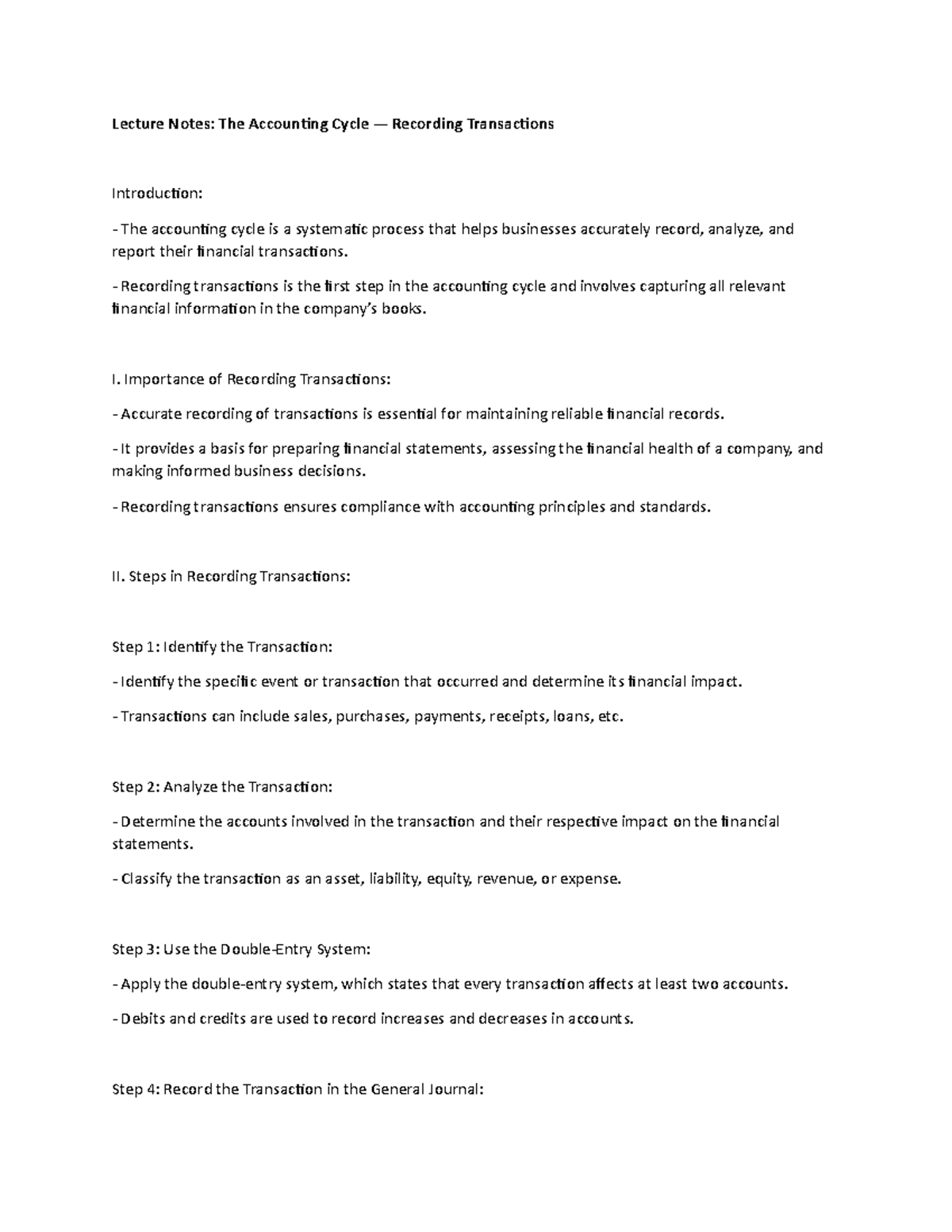 Lecture Notes: The Accounting Cycle — Recording Transactions - Lecture ...