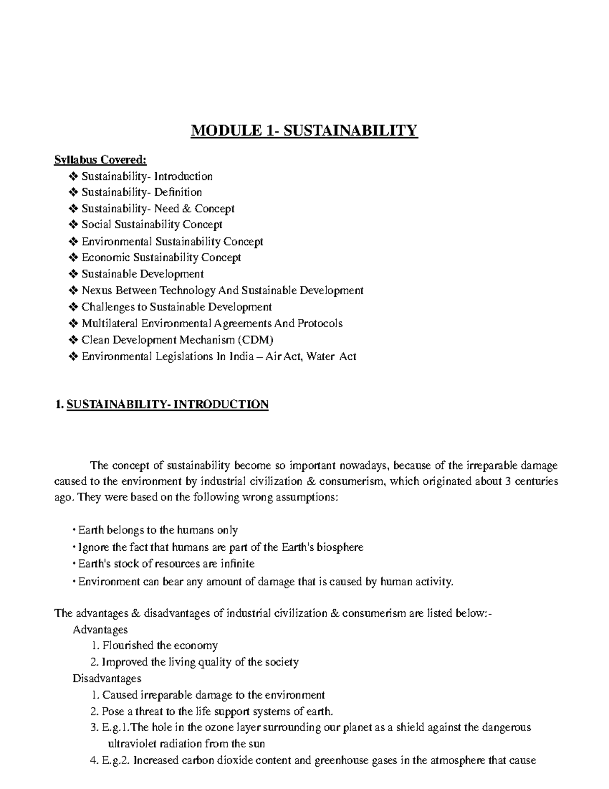 Module 1 - MODULE 1- SUSTAINABILITY Syllabus Covered: Sustainability ...