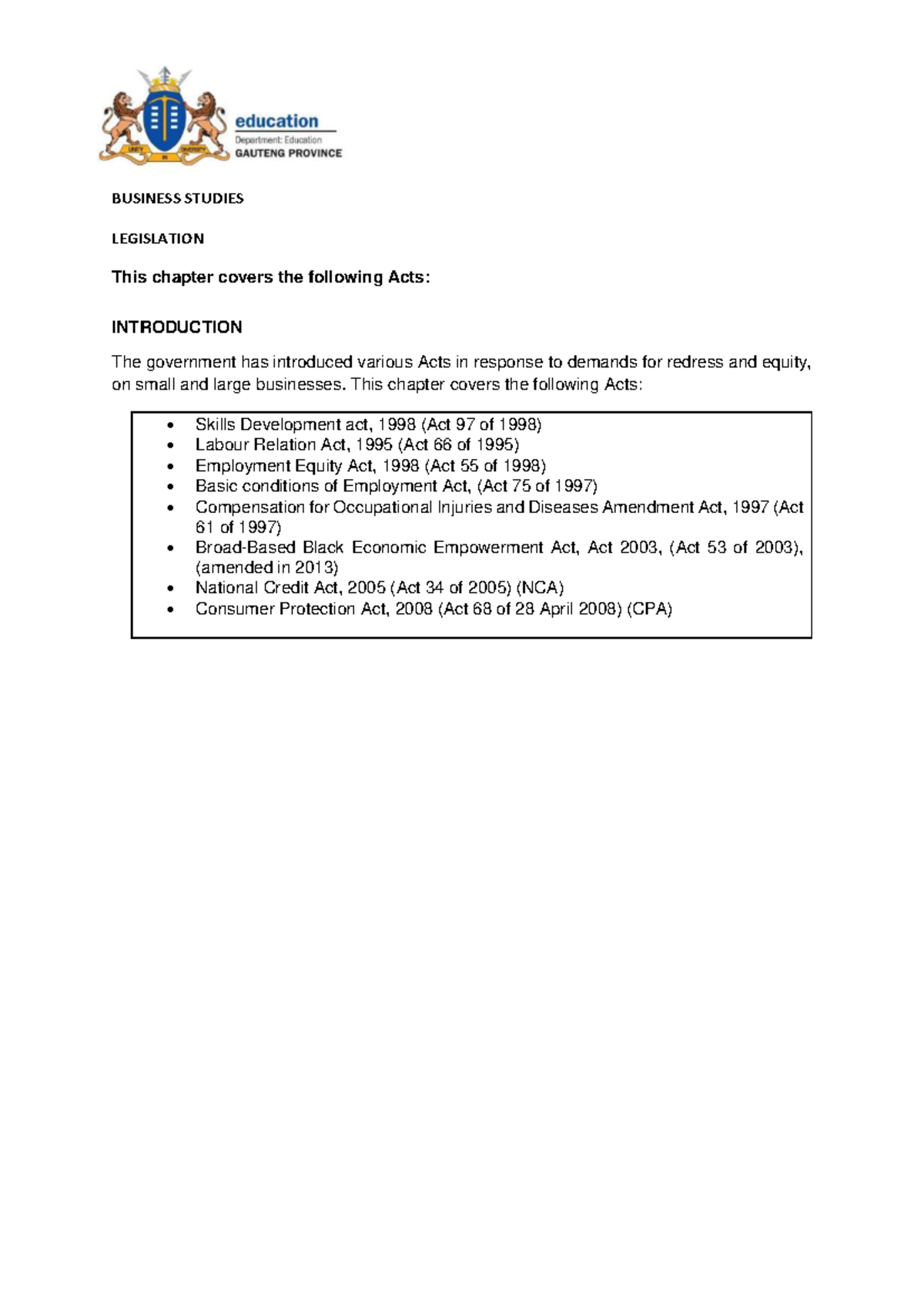Grade 12 DBE Chapter 1 Legislation - BUSINESS STUDIES LEGISLATION This ...