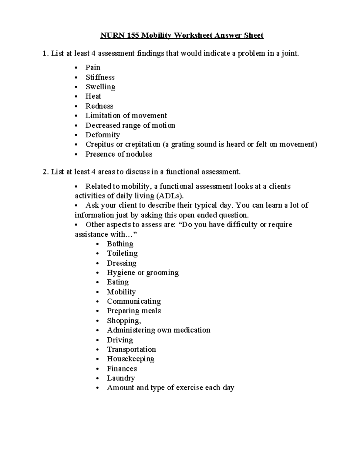 Mobility Worksheet Answers 155 - List at least 4 assessment findings ...