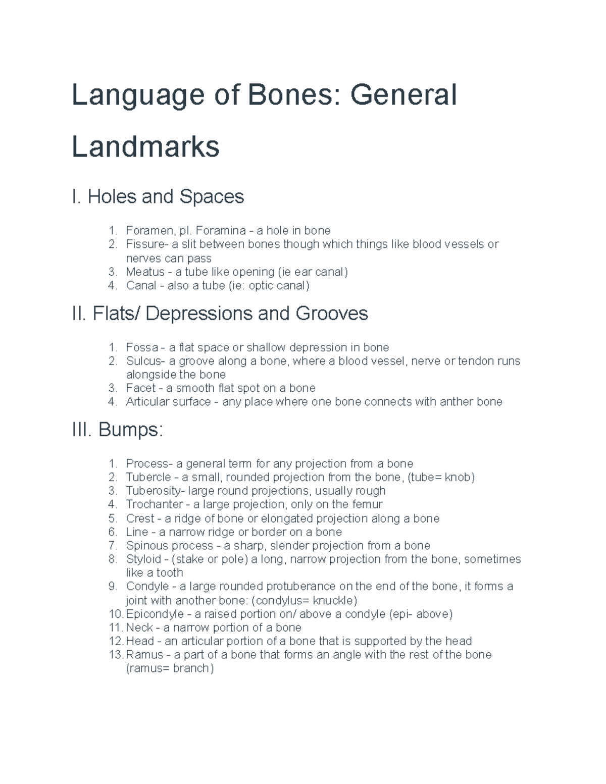 Bones, Spinal, Joints - Language of Bones: General Landmarks I. Holes ...