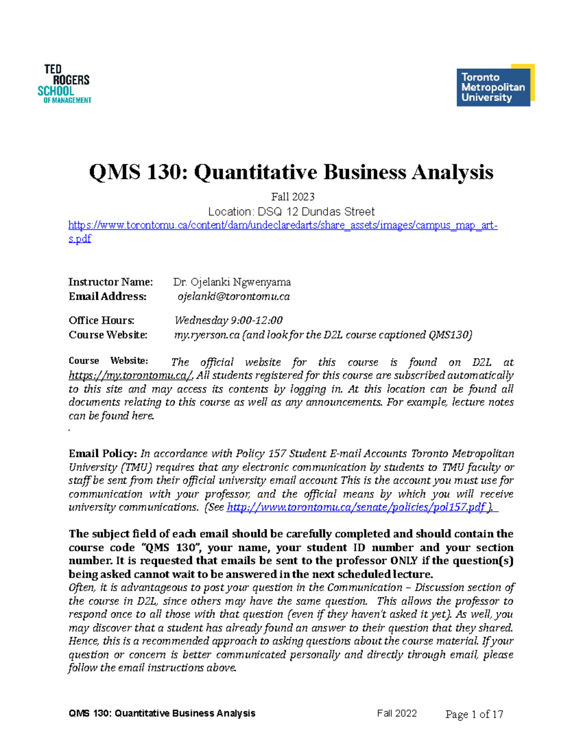 QMS130 Course Outline Ngwenyama Updated 2023 - QMS 130: Quantitative ...