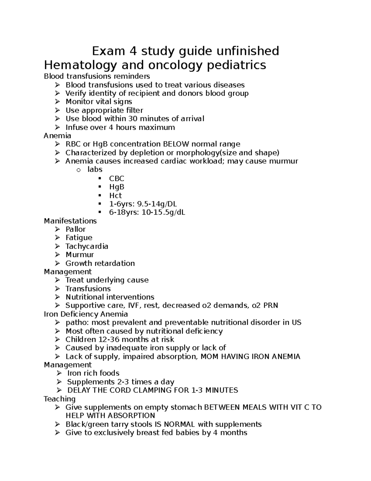 Exam 4 final study guide - Exam 4 study guide unfinished Hematology and ...