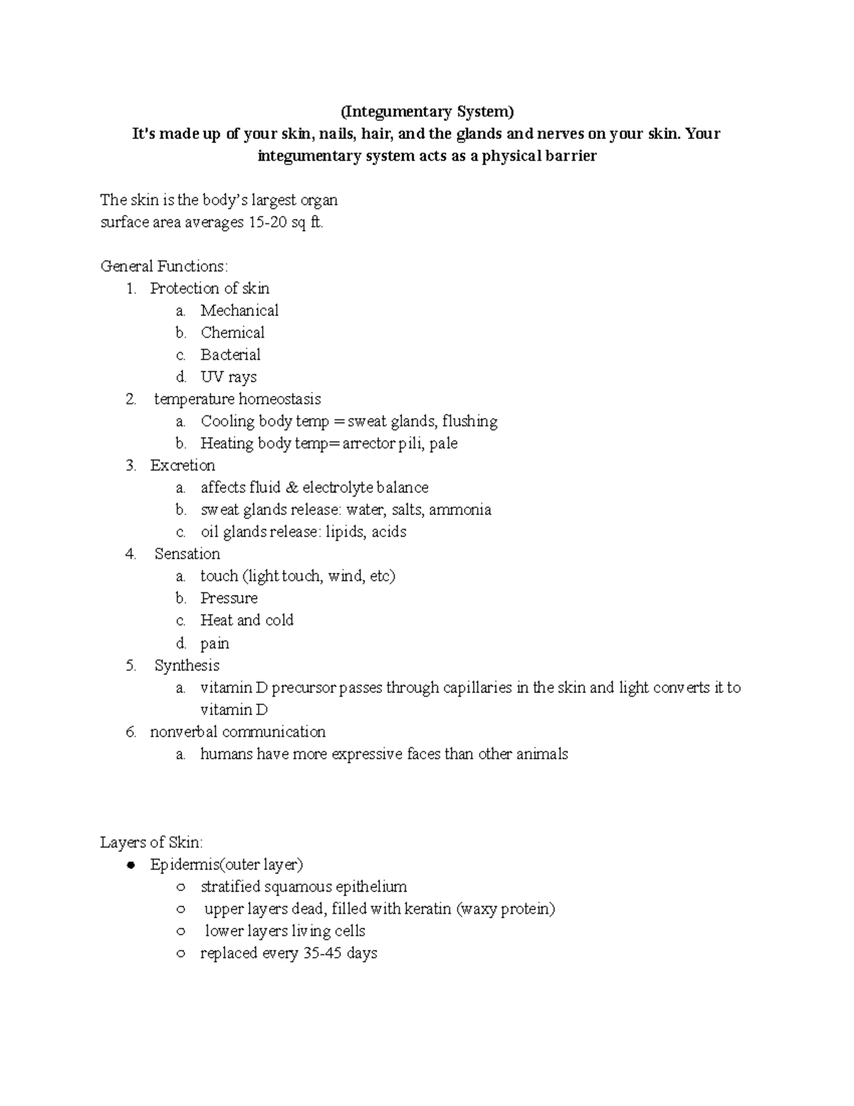 Intro to Integumentary System Lecture Notes - (Integumentary System) It ...