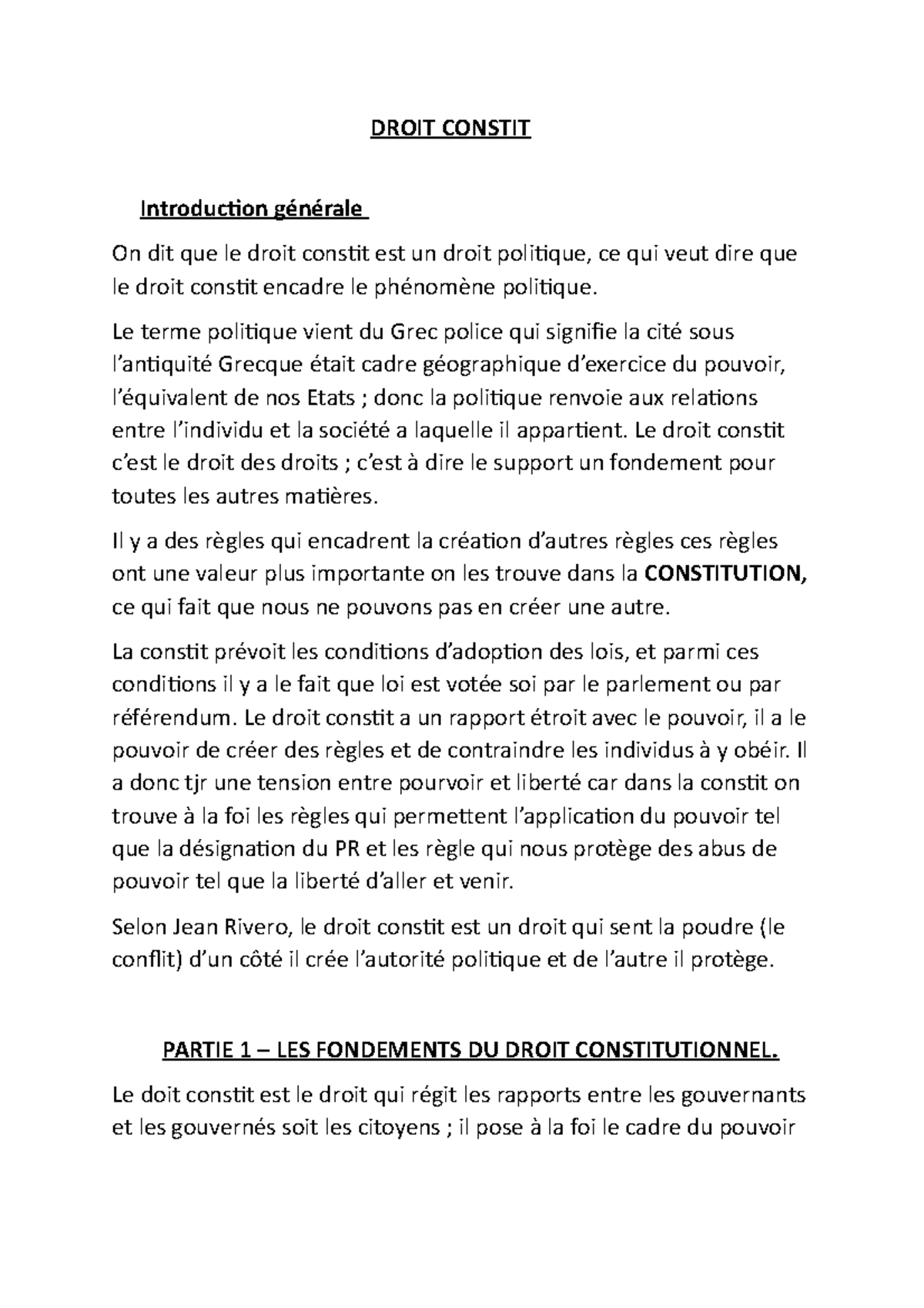Droit Constit - Cours - DROIT CONSTIT Introduction générale On dit que ...