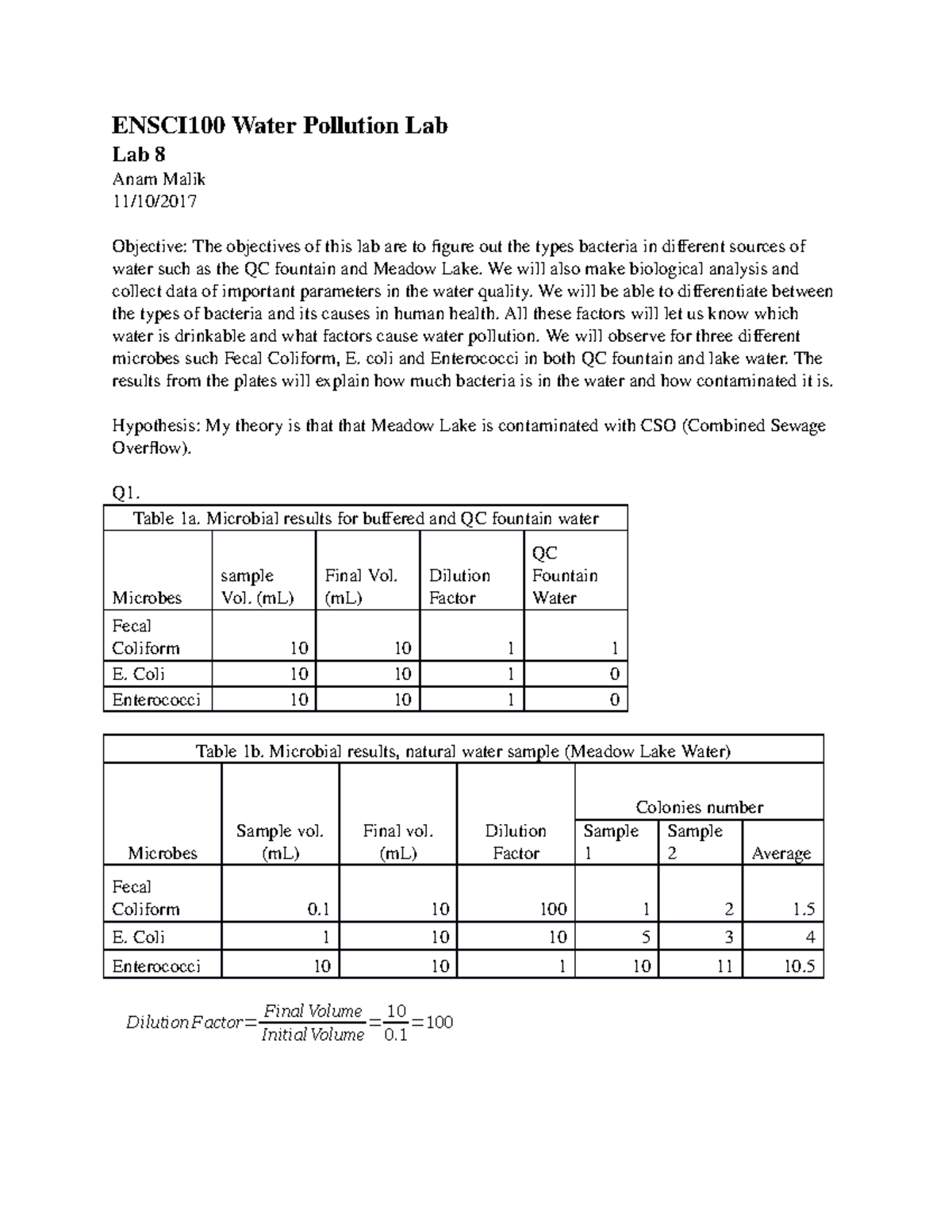 ENSCI 100 Water Pollution Lab - We will also make biological analysis ...