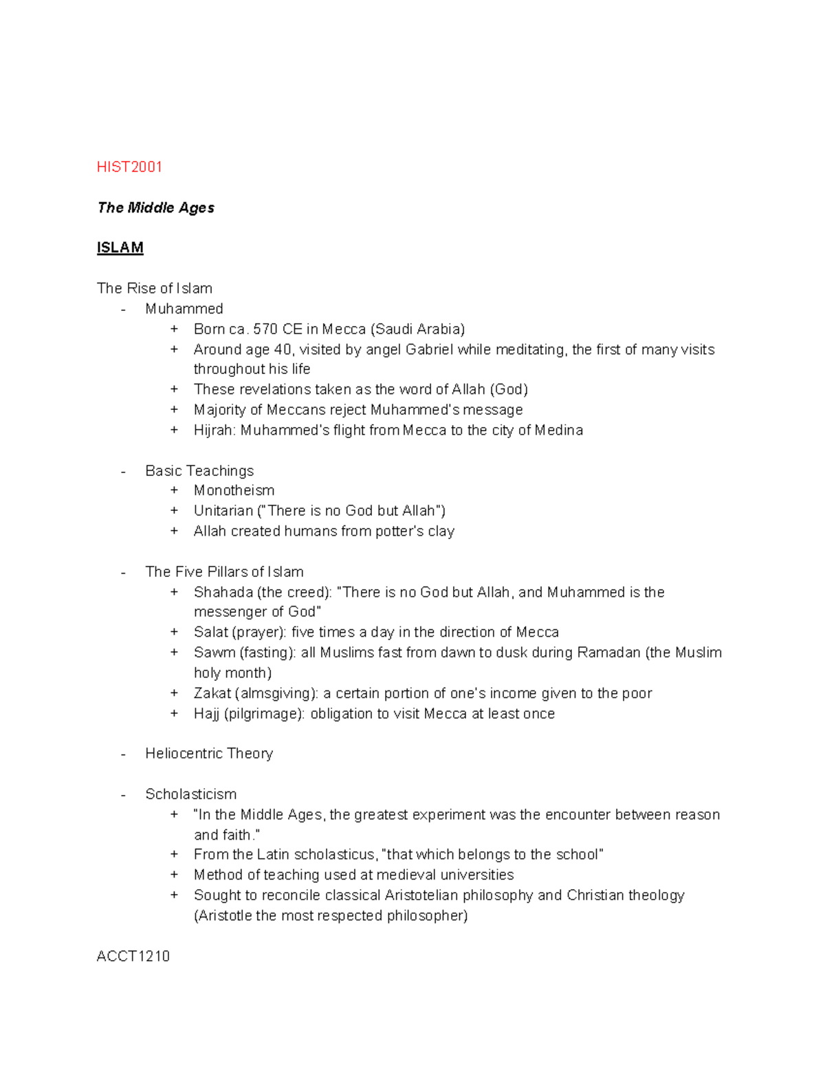 History (world history to 1500) - HIST2001 The Middle Ages ISLAM The ...