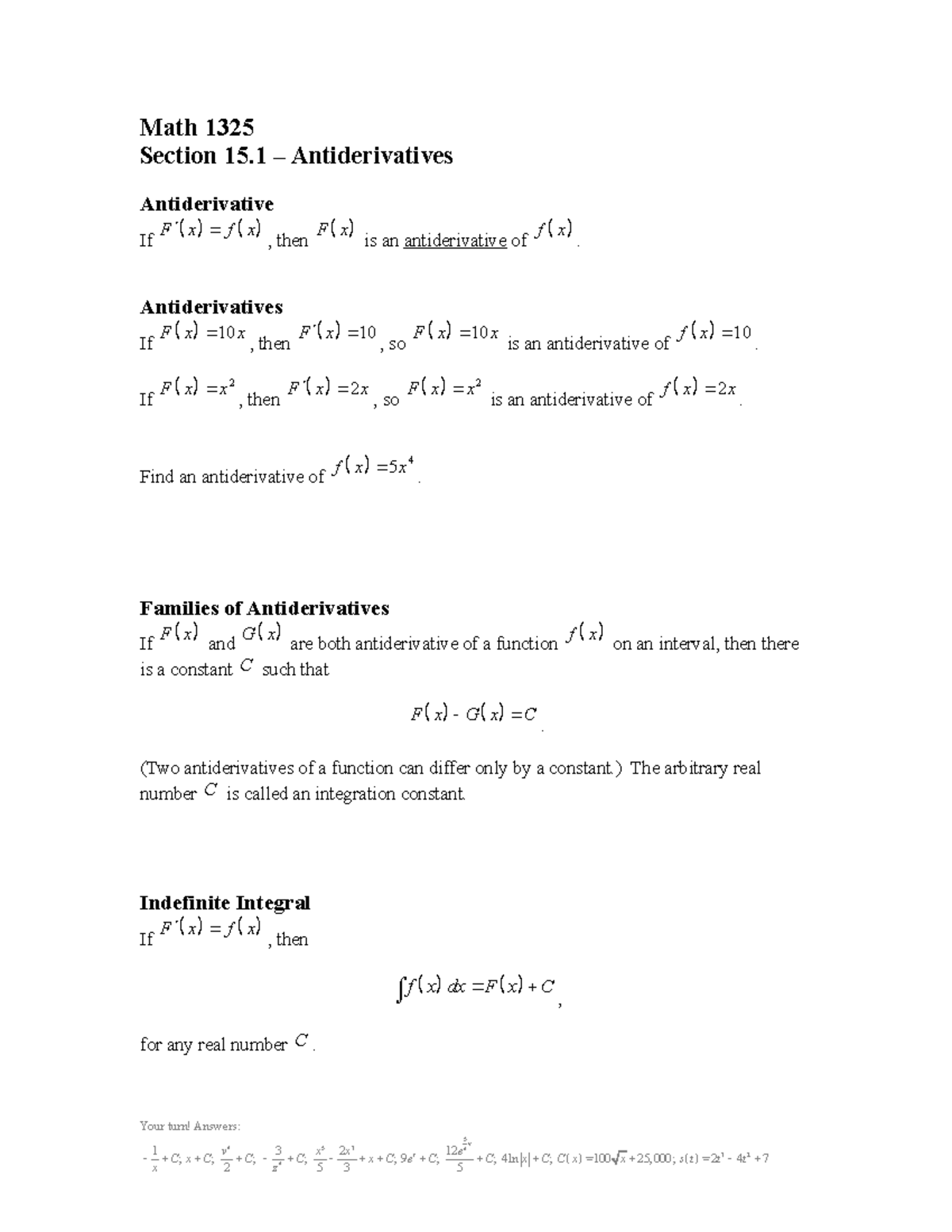 Section 15.1 - Antiderivatives - Math 1325 Section 15 – Antiderivatives ...