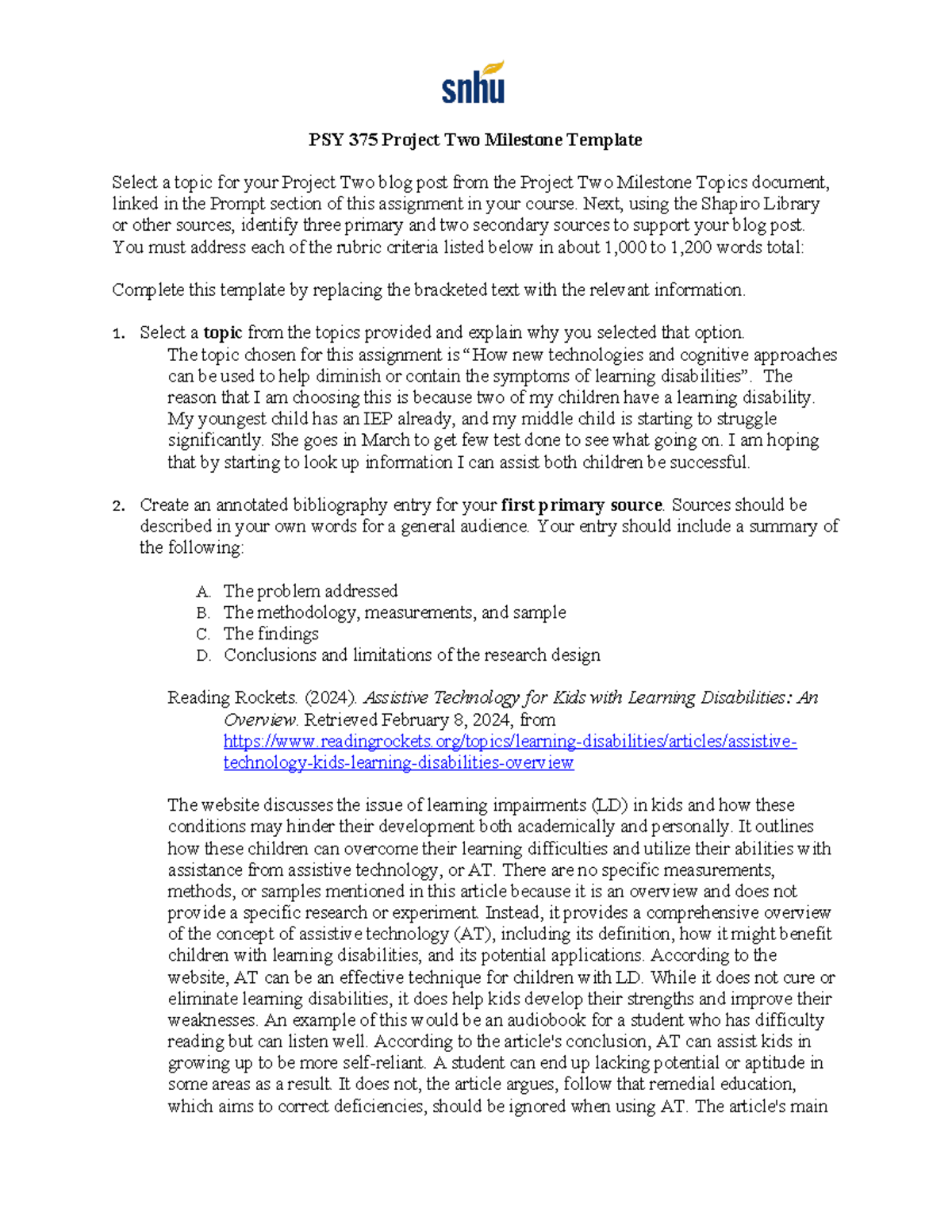 PSY 375 Project Two Milestone Template - PSY 375 Project Two Milestone ...