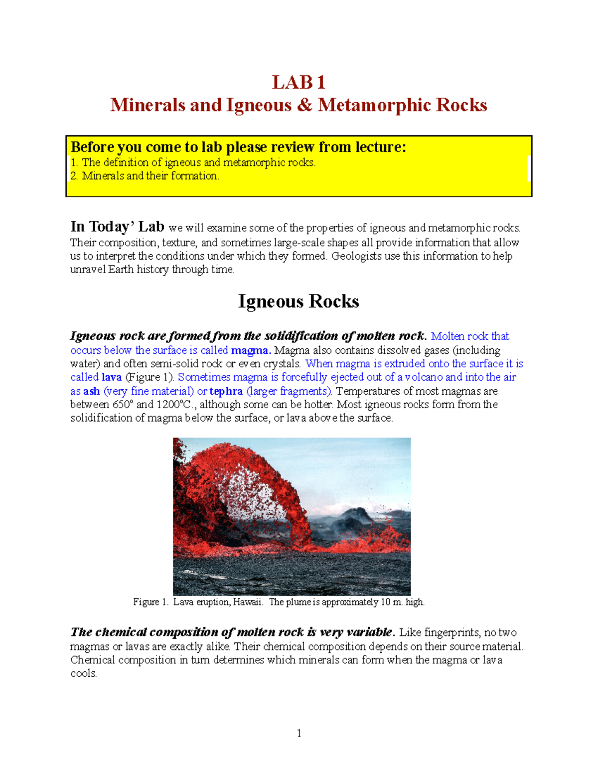 Lab 1 Igneous and Metamorphic Rocks - LAB 1 Minerals and Igneous ...
