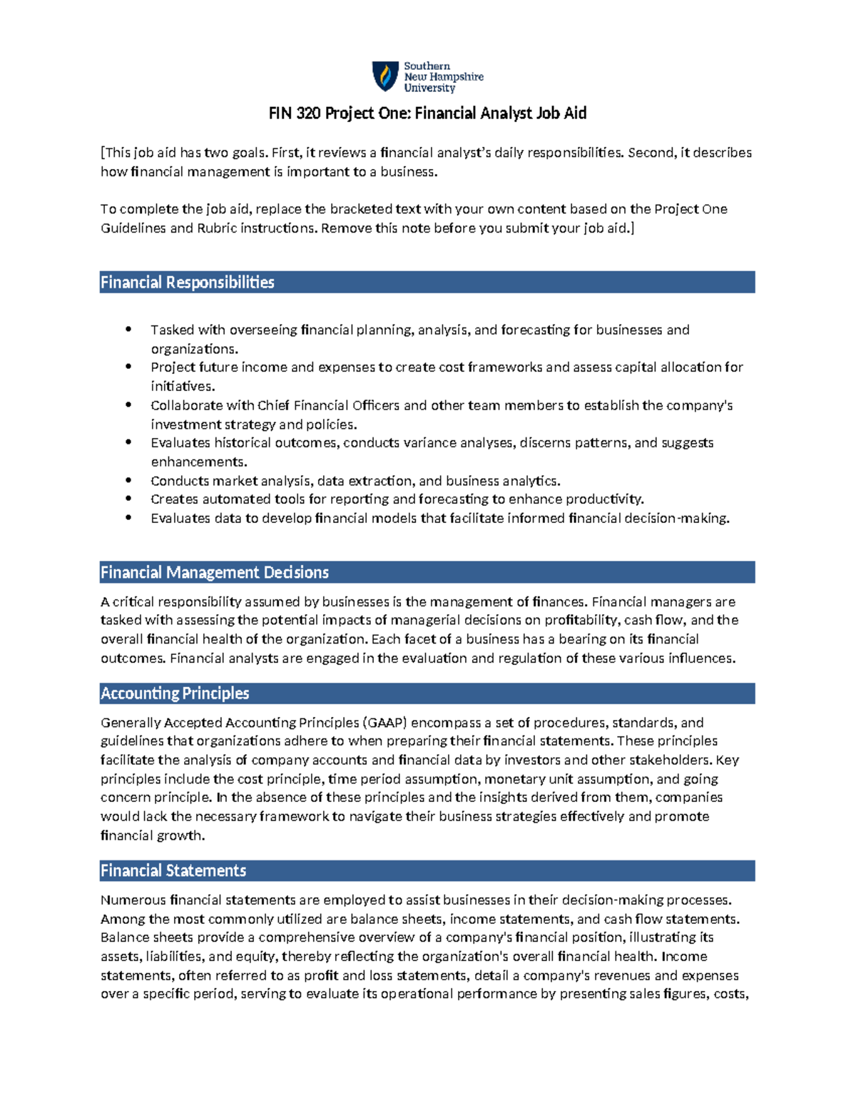 FIN 320 Project One Financial Analyst Job Aid - First, it reviews a ...